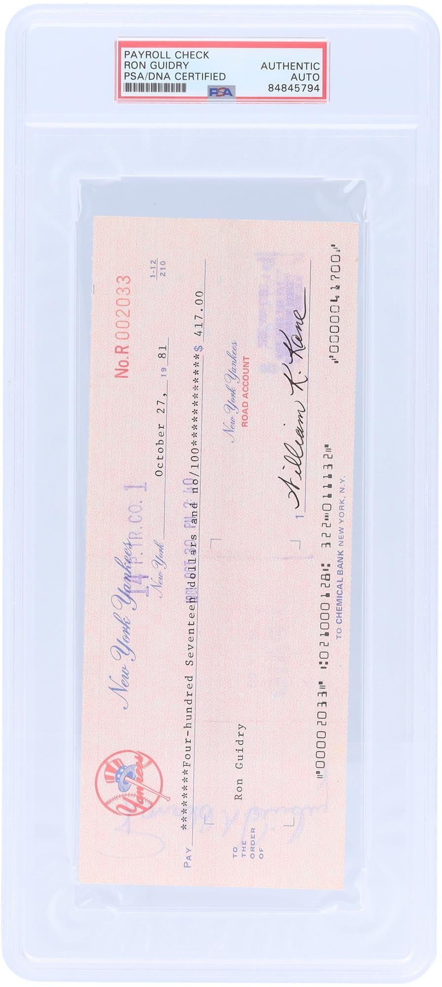 Ron Guidry New York Yankees Autographed Check from October 27, 1981 ...