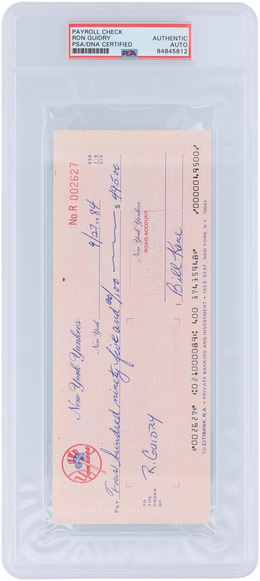 Ron Guidry New York Yankees Autographed Check from September 27, 1984 ...