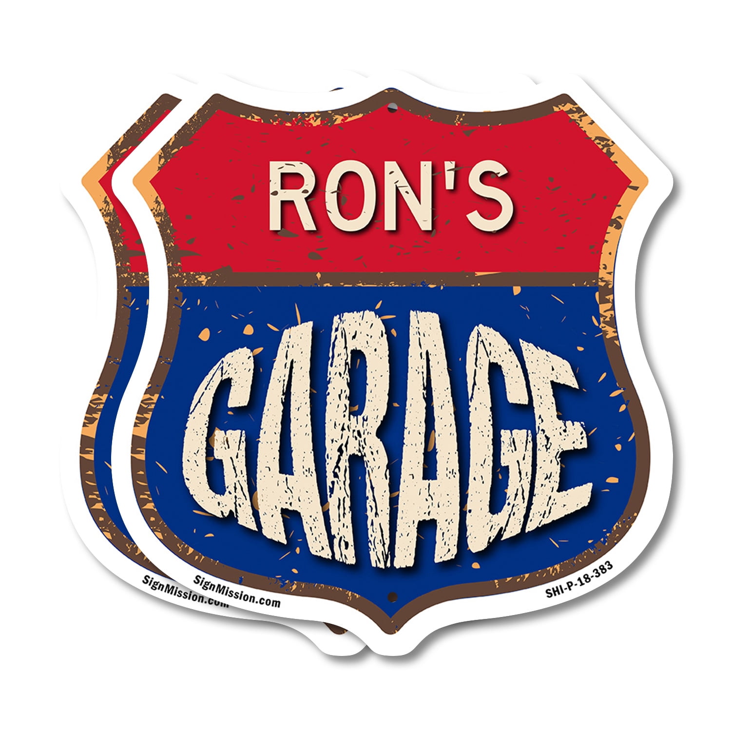 Ron's Garage (2 Pack) 18 inch X 18 inch Shield Shaped Commercial Grade Plastic Signs Weather ...