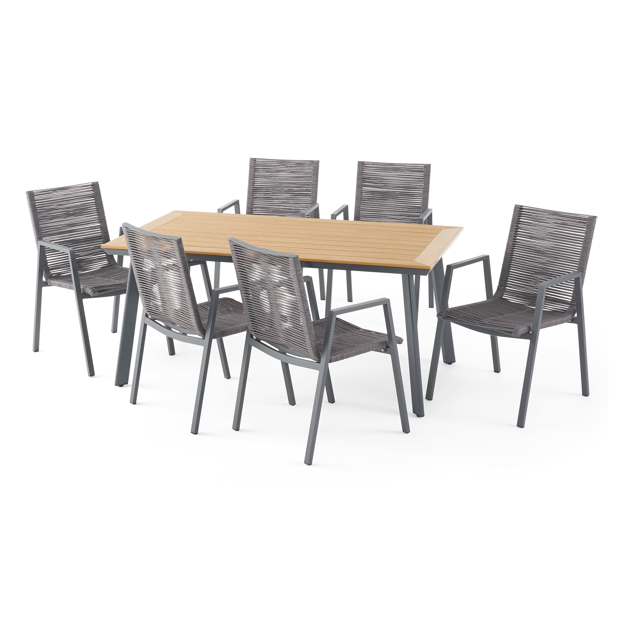 Noble House Magno 7 Piece Faux Wood Top Patio Dining Set in Gray and ...