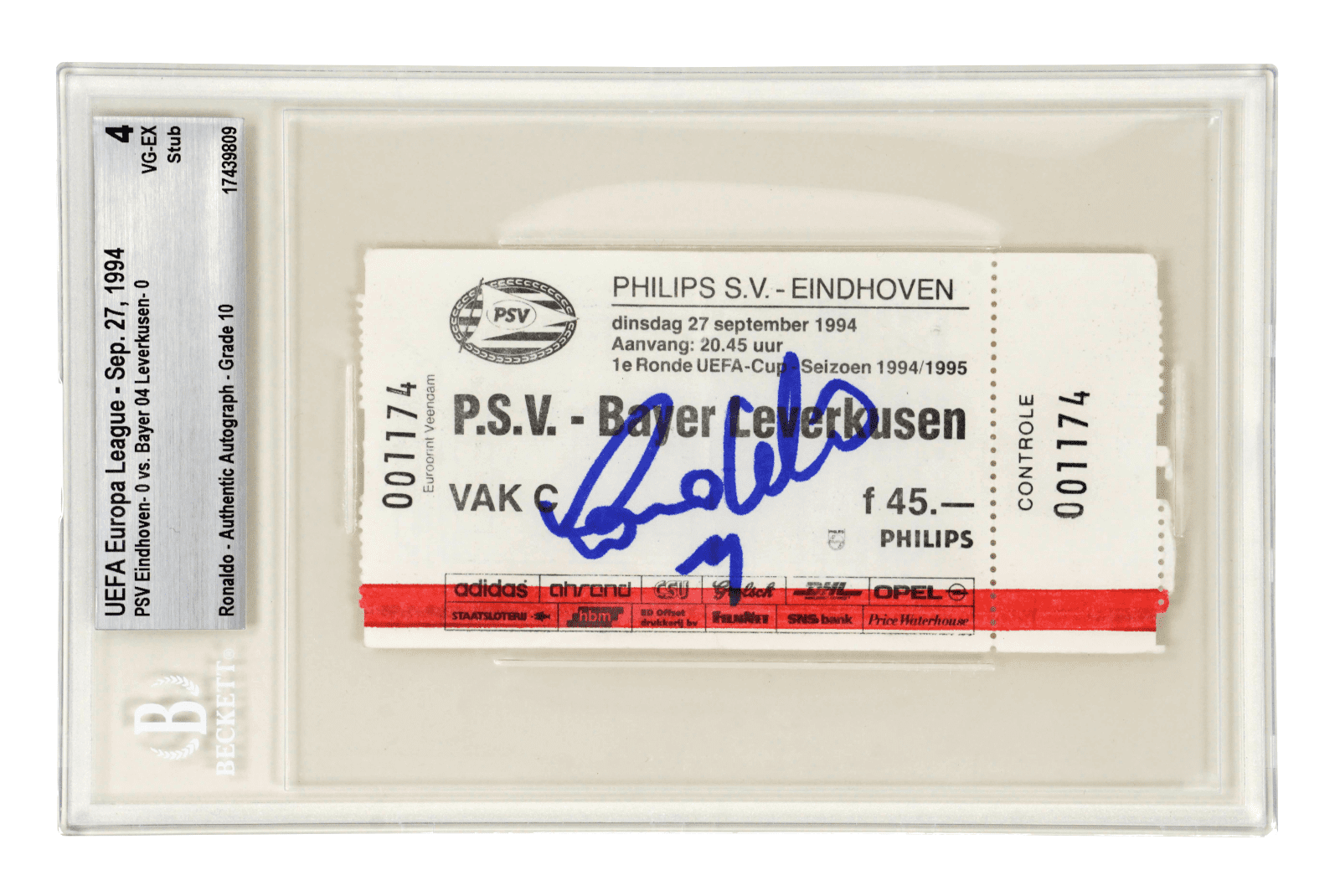 Ronaldo Nazario Signed 1994 PSV Rookie Season Match Ticket – BGS 4 ...
