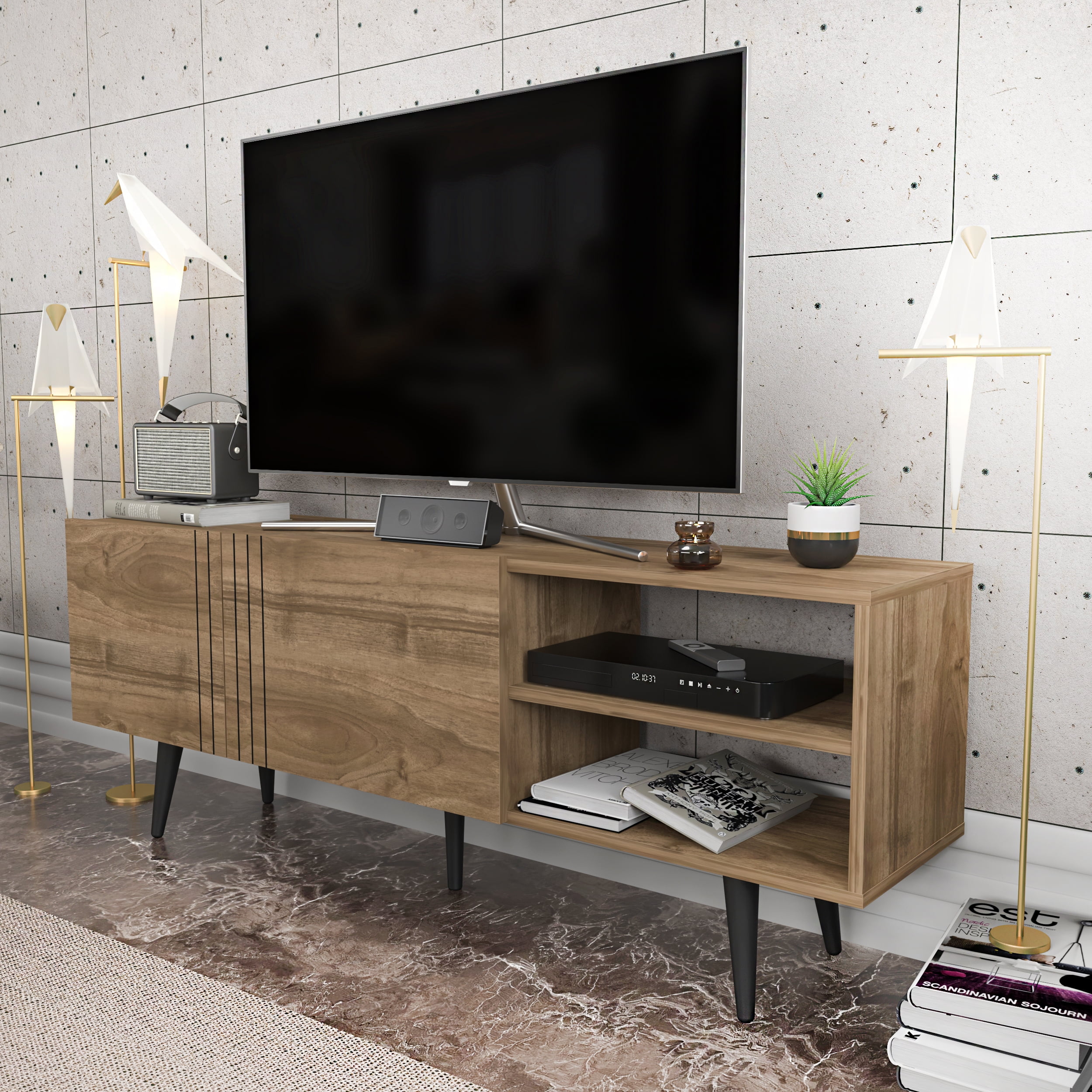 Ronas Solid Wood Legs TV Stand - Walnut - Walmart.com