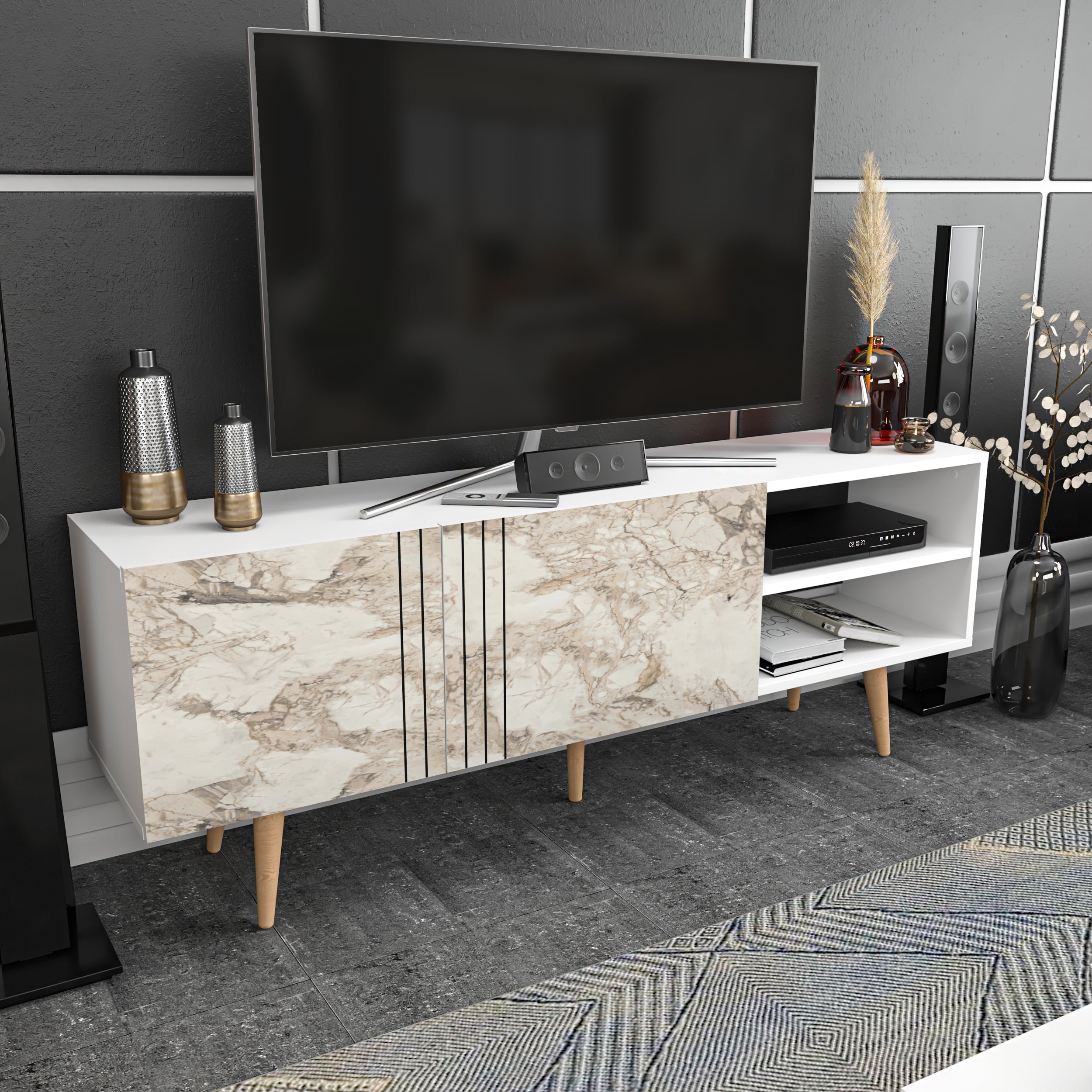 Ronas Solid Wood Legs TV Stand - White & Ephesus Marble - Walmart.com