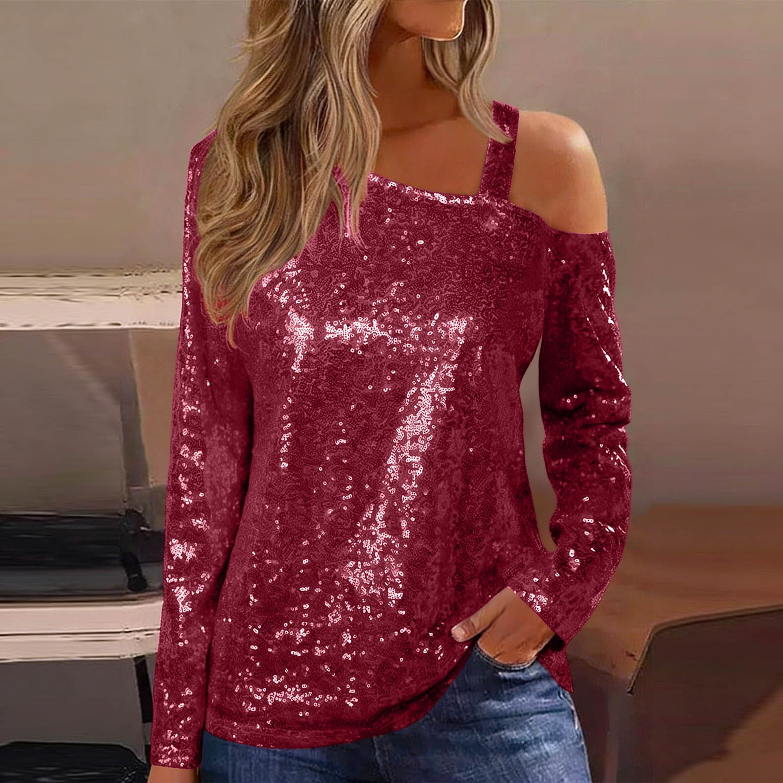 Roncen Red Sequin One Shoulder Top, Women's Long Sleeve Asymmetric Off ...