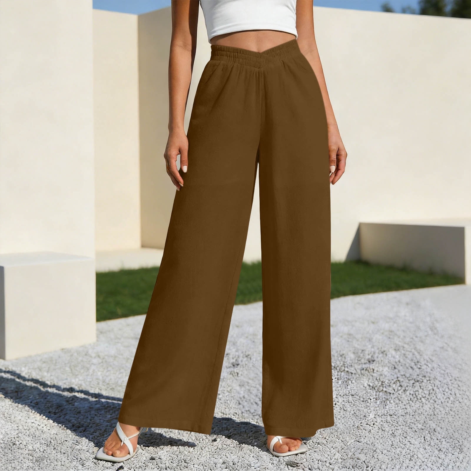 Roncen Women Linen Palazzo Pants Summer Boho Wide Leg High Waist Casual ...