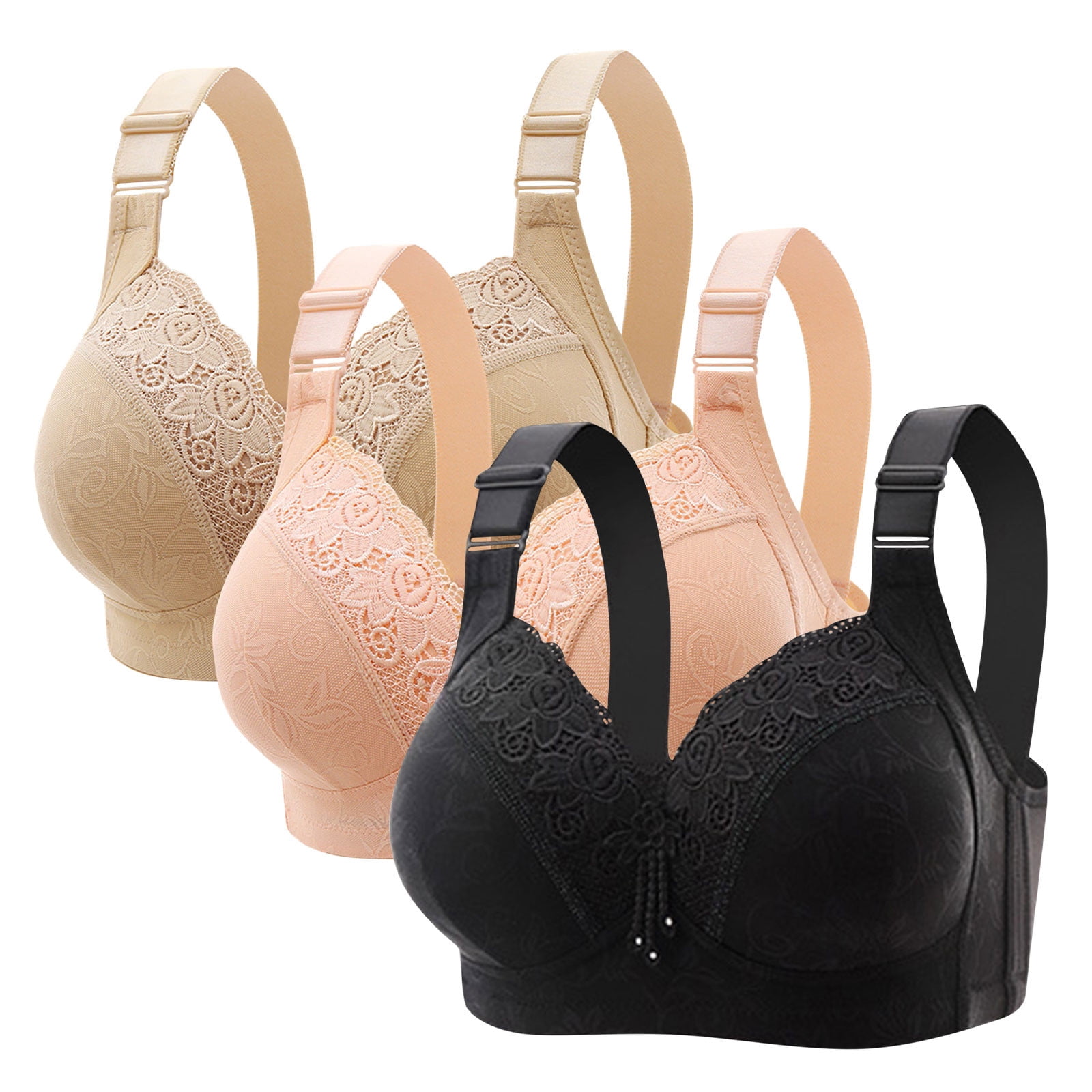 Roncen Women's 3-Pack Sexy Lace Trim Plus Size Wireless Comfort Bra in ...