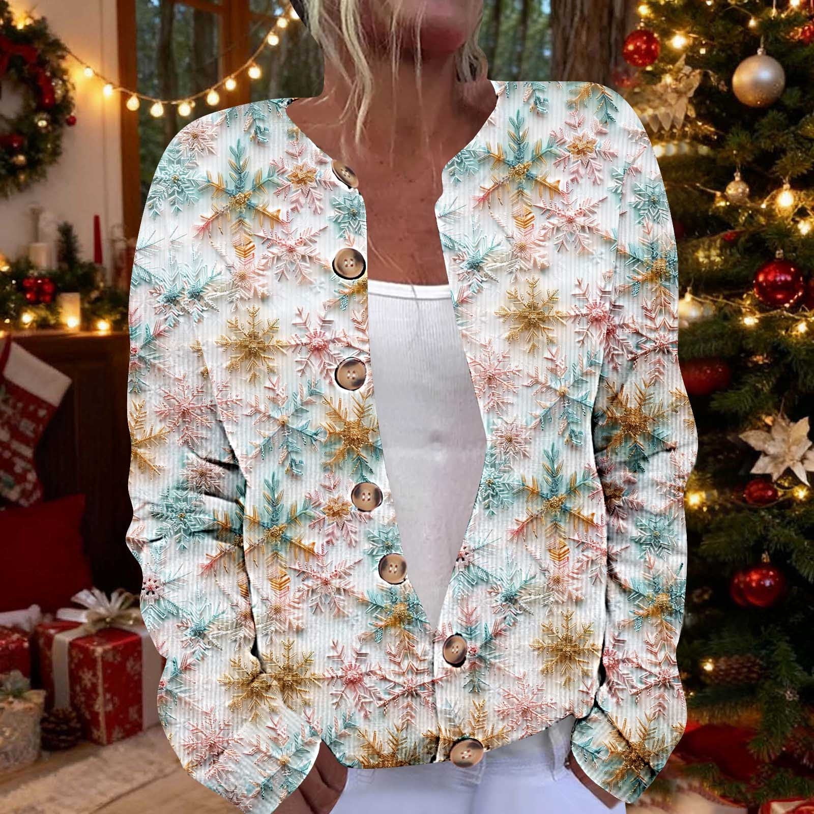 Roncen Women's Christmas Cardigan - Long Sleeve Button-Up Knit Sweater ...