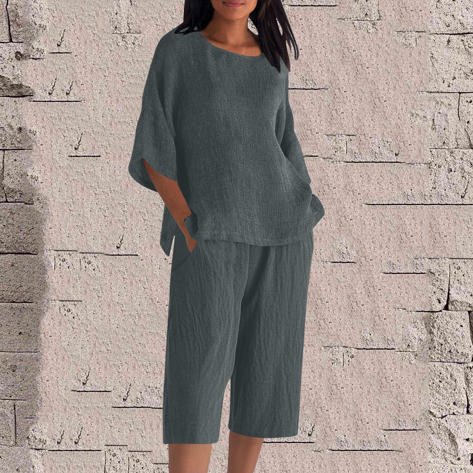 Roncen Women's Cotton-Linen Casual Set - Round Neck Three-Quarter ...