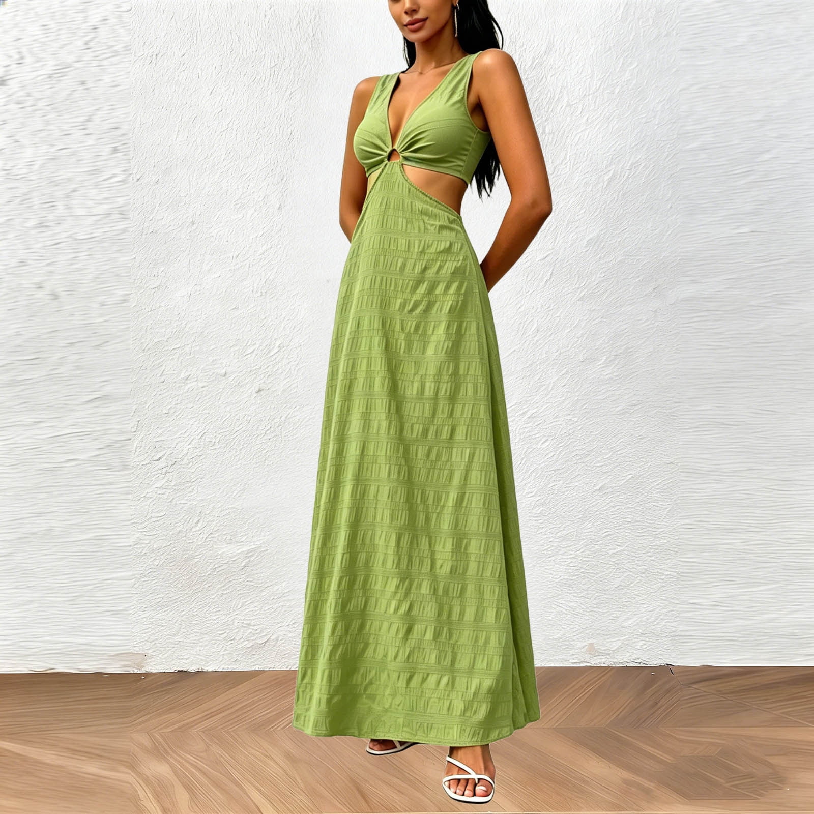 Roncen Women's Cut Out Maxi Dress - Sleeveless Tie Back Long Sundress ...