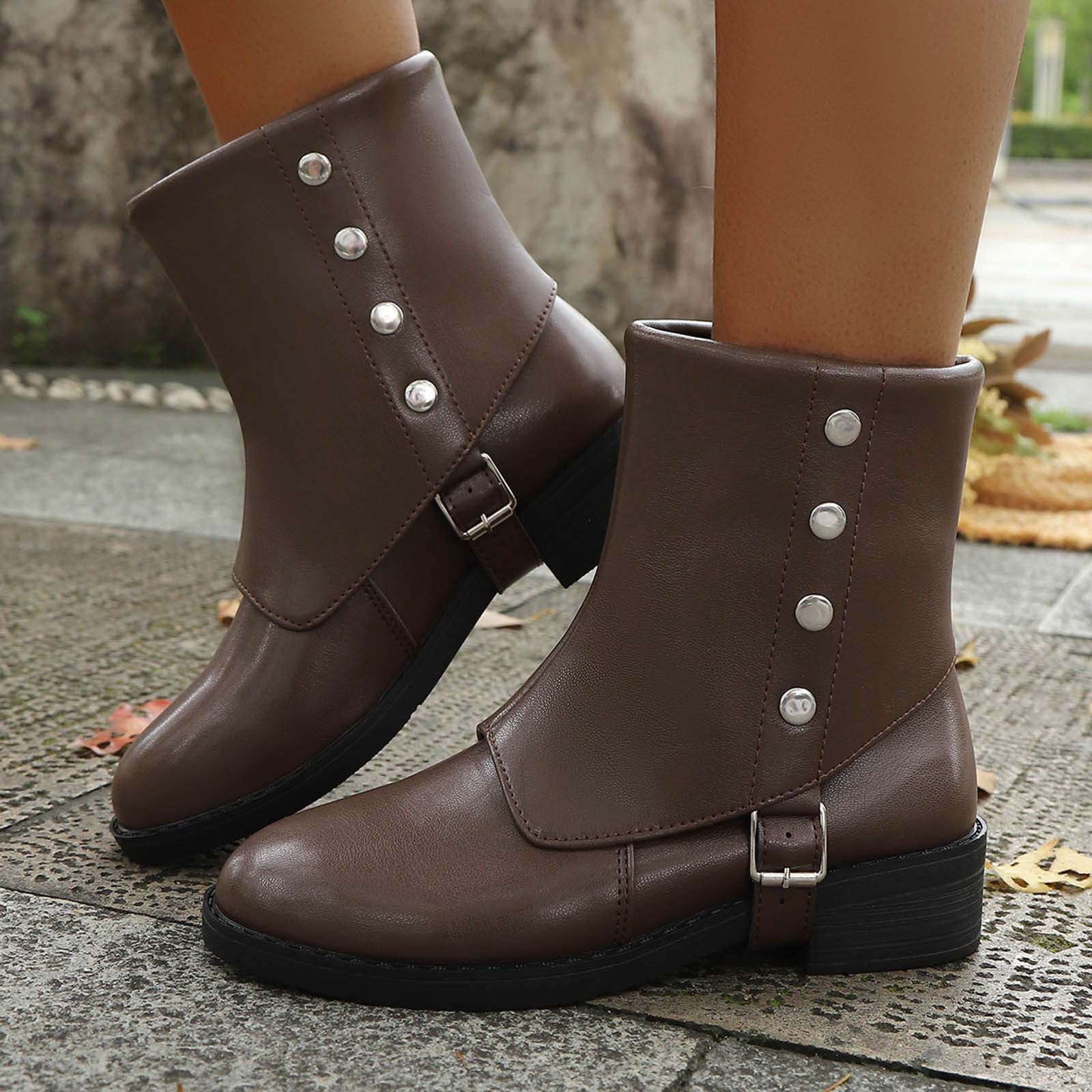 Roncen Women's Mid-Calf Boots with Chunky Low Heel - Fashion Casual ...