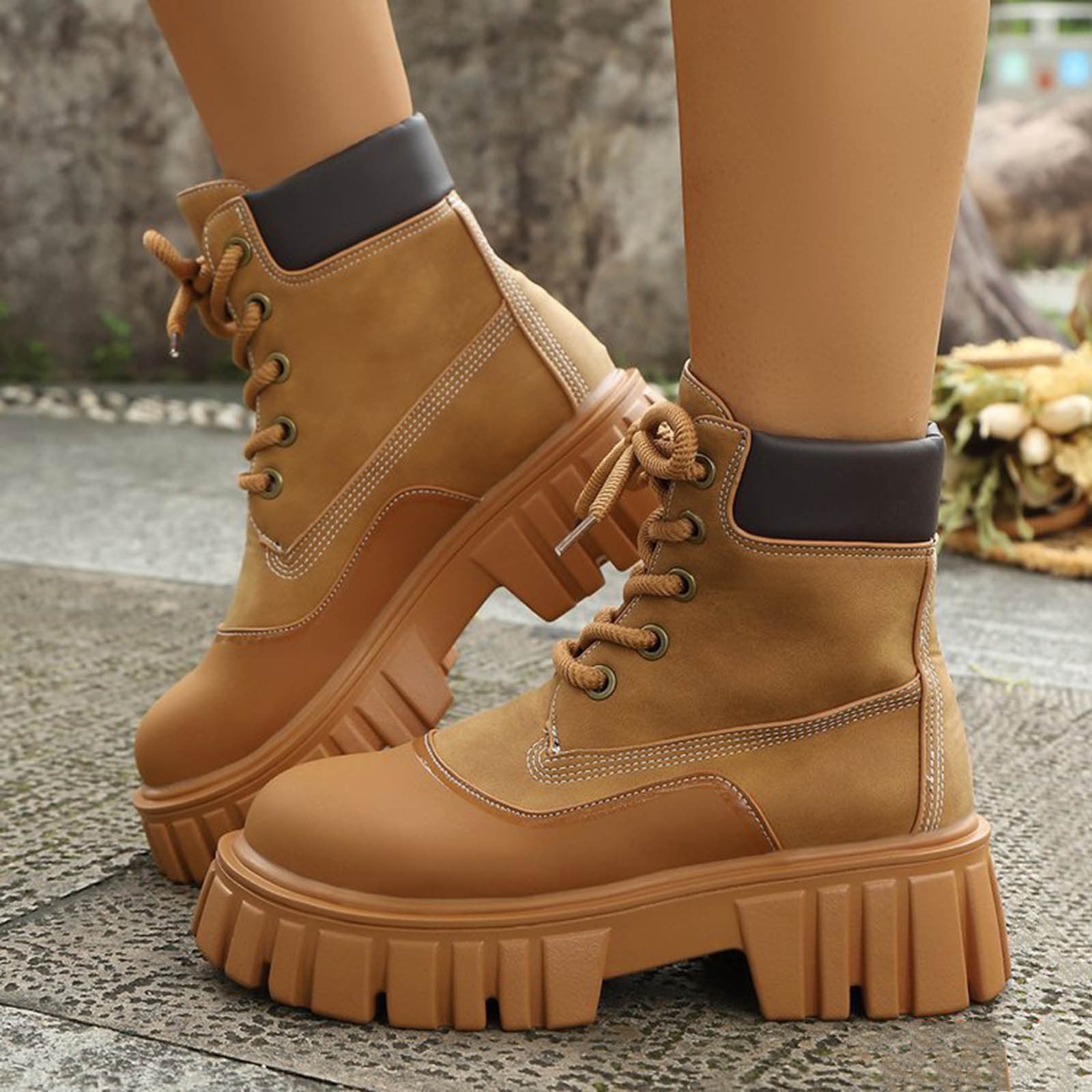 Roncen Women's Mid-Calf Boots - Chunky Sole Lace-Up Mid Heel Boots ...
