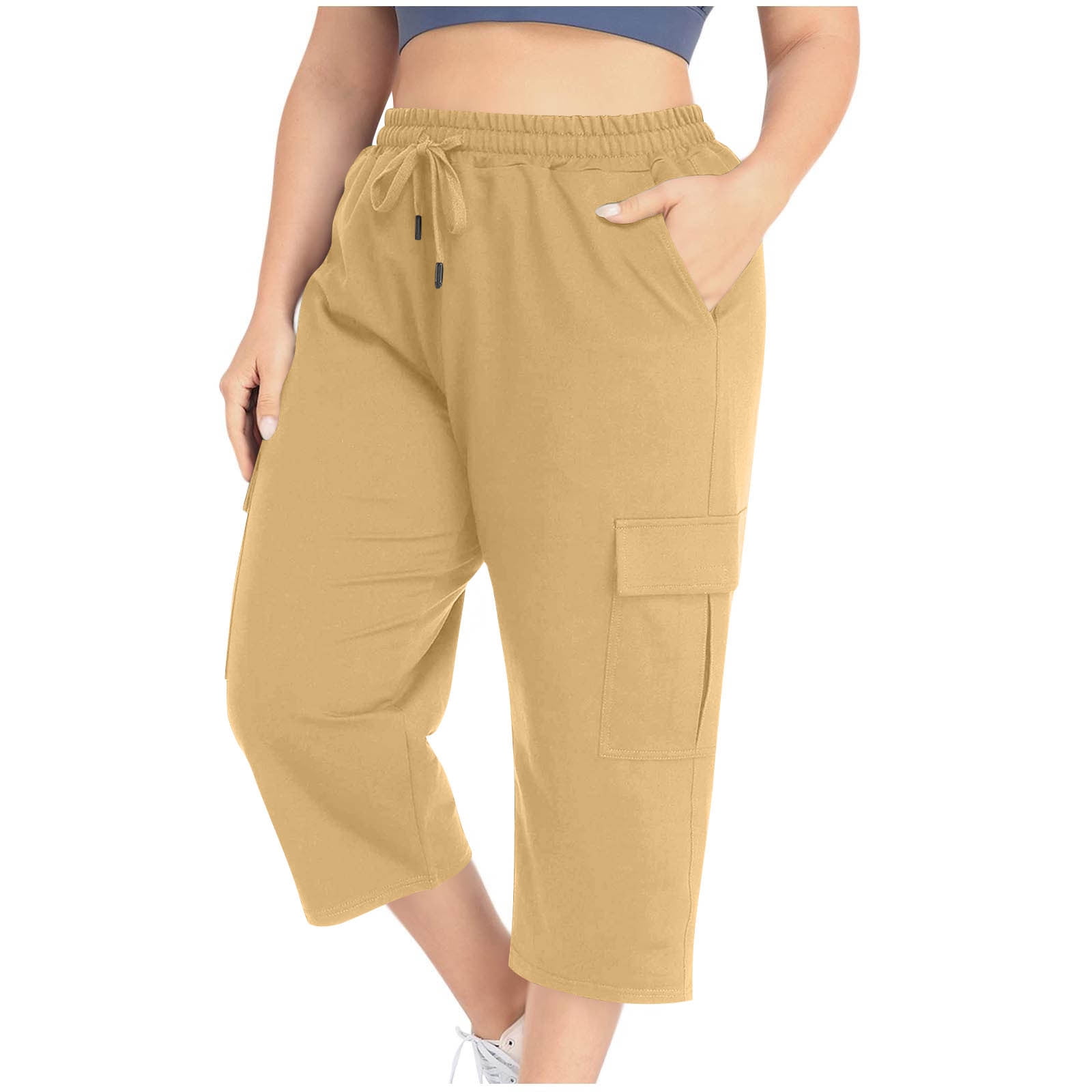 Roncen Women's Plus Size Solid Color Capri Pants - Elastic DNatural ...