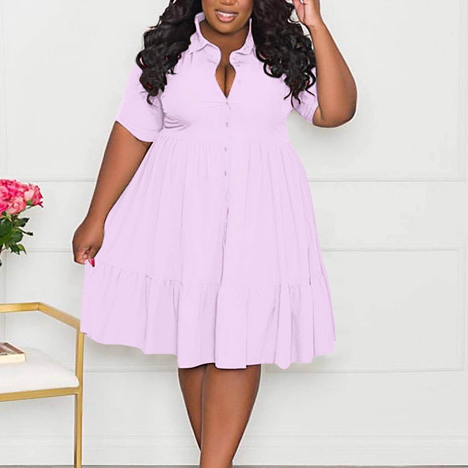 Roncen Women's Plus Size Solid Shirt Dress - Notched Collar Short ...