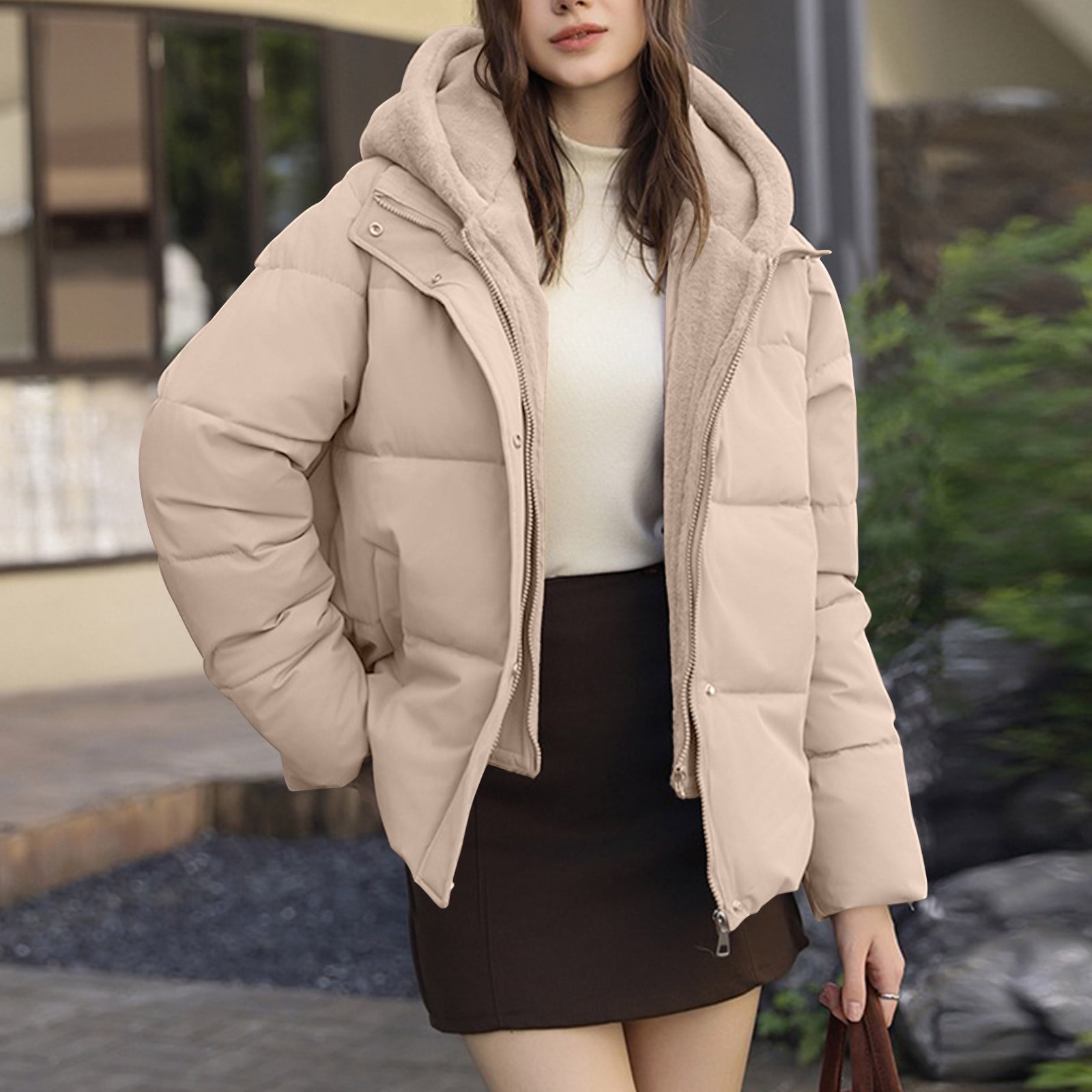 Roncen Women's Solid Color Hooded Two-in-One Puffer Coat - Long Sleeve ...