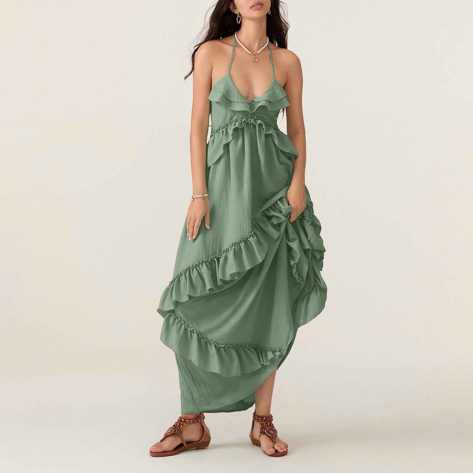 Roncen Women's Solid Summer Dress - Halter Neck Tie Back Backless ...