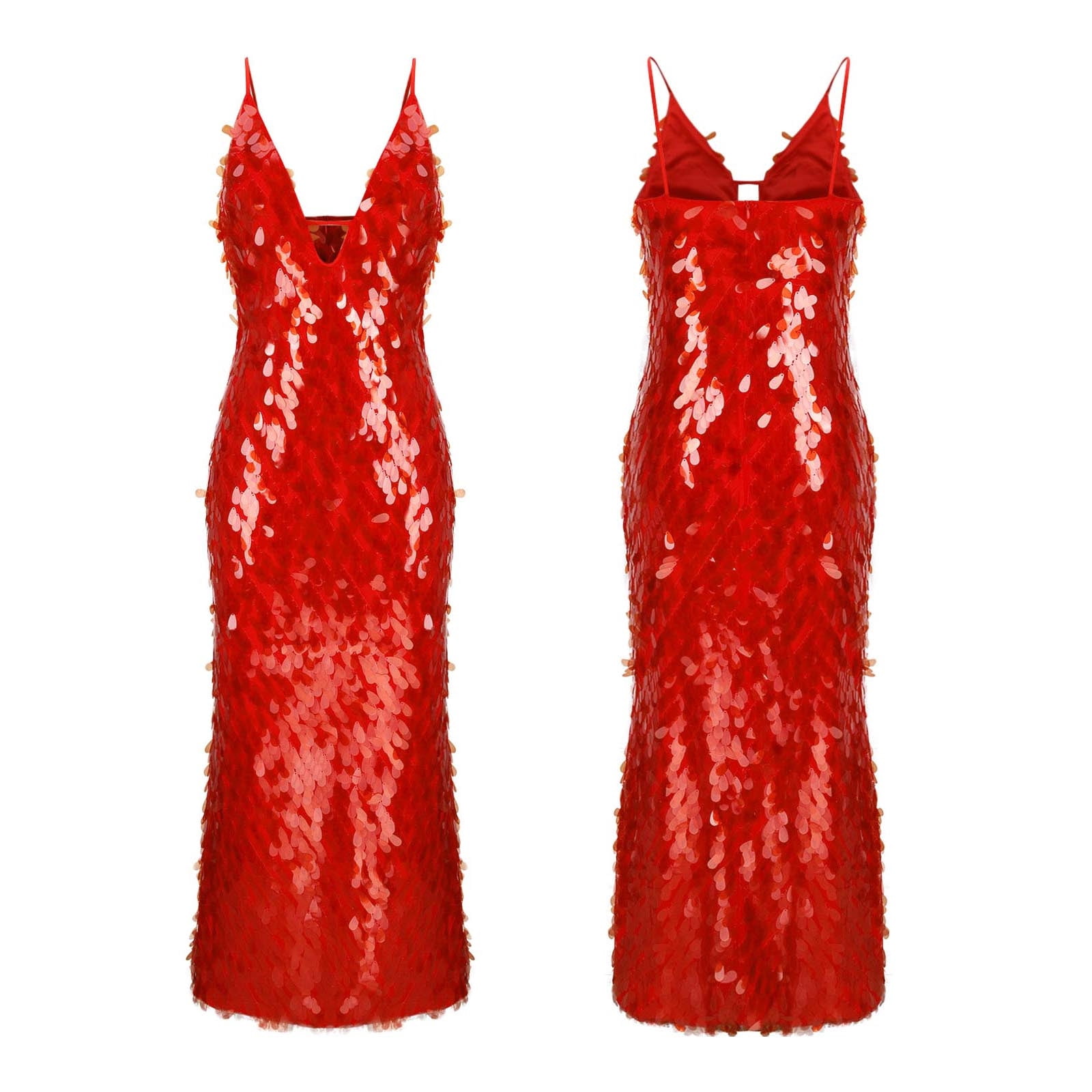 Roncen Women's Spaghetti Strap Slim Fit Dress - Low Neckline Sequin ...