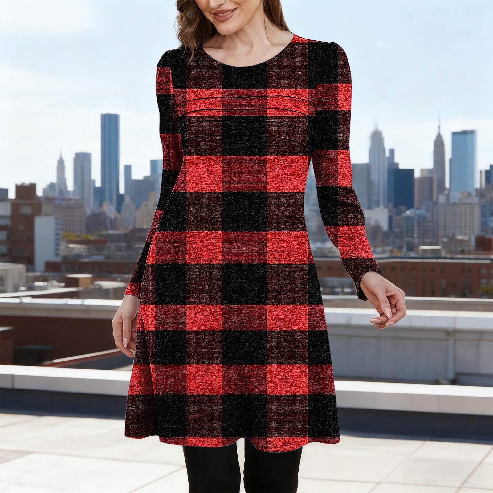 Roncen Womens Plaid Ruffle Dress, Long Sleeve Round Neck Pocket Dress ...
