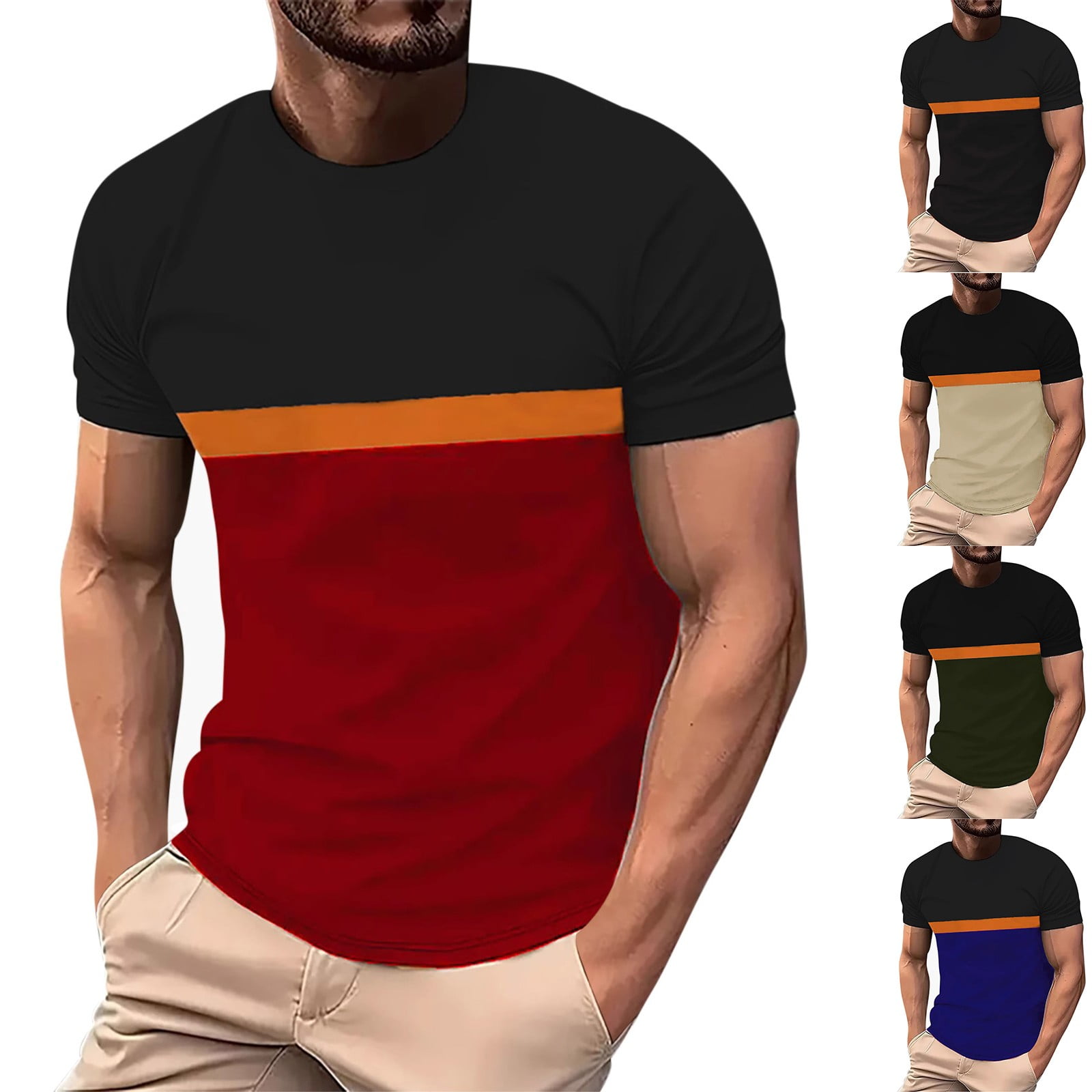 RongHuan Men's Color Block Tee Shirts Fashion Crewneck Muscle Shirts ...