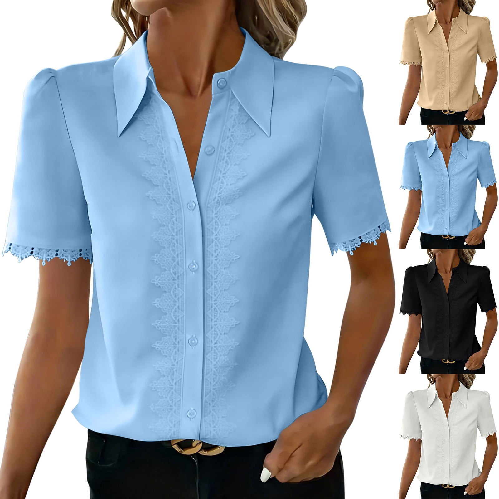 RongHuan Women's Button Down Shirts Lace Trim Short Sleeve Stretch ...