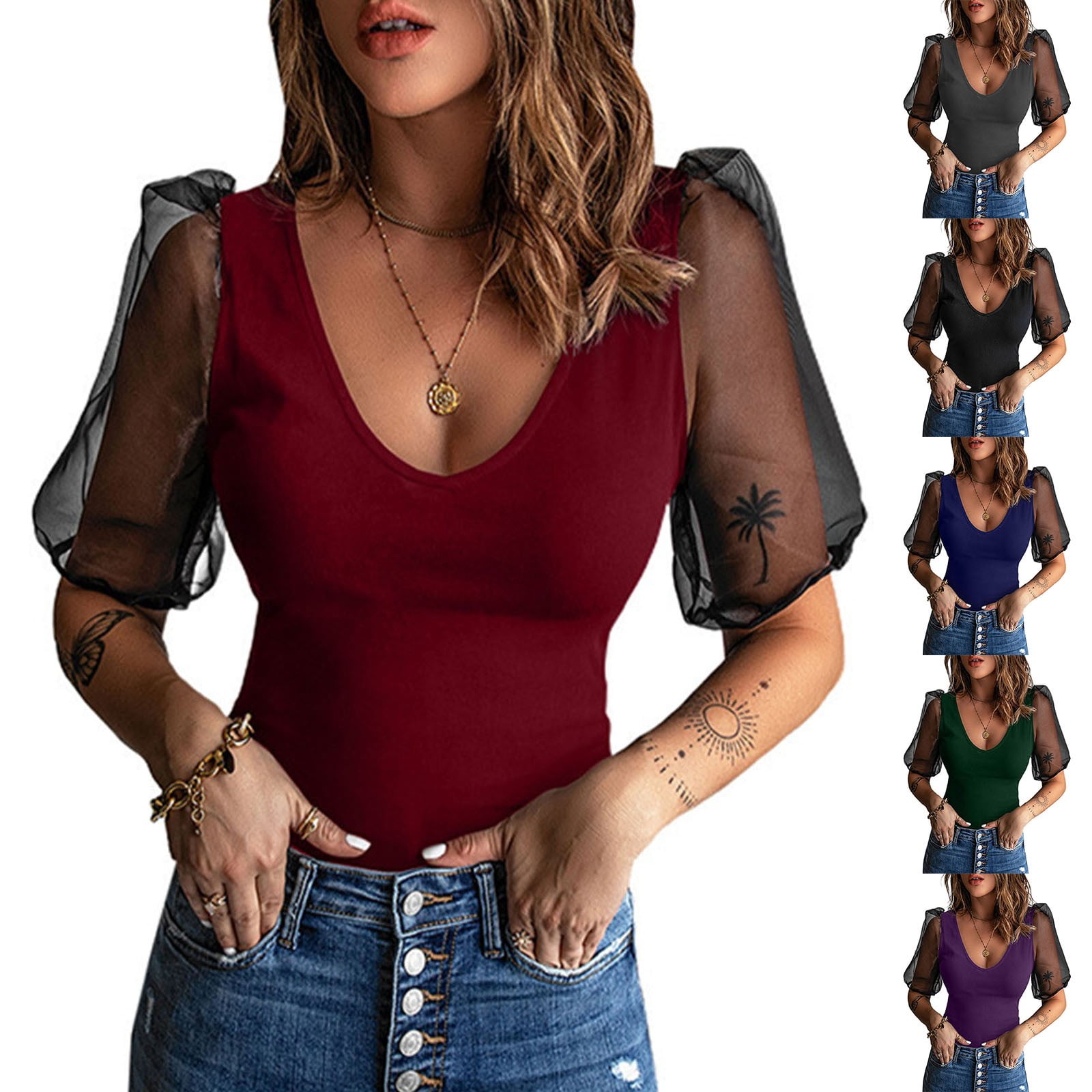RongHuan Womens Summer Tops 2026 Mesh Patchwork V Neck Blouse Trendy ...
