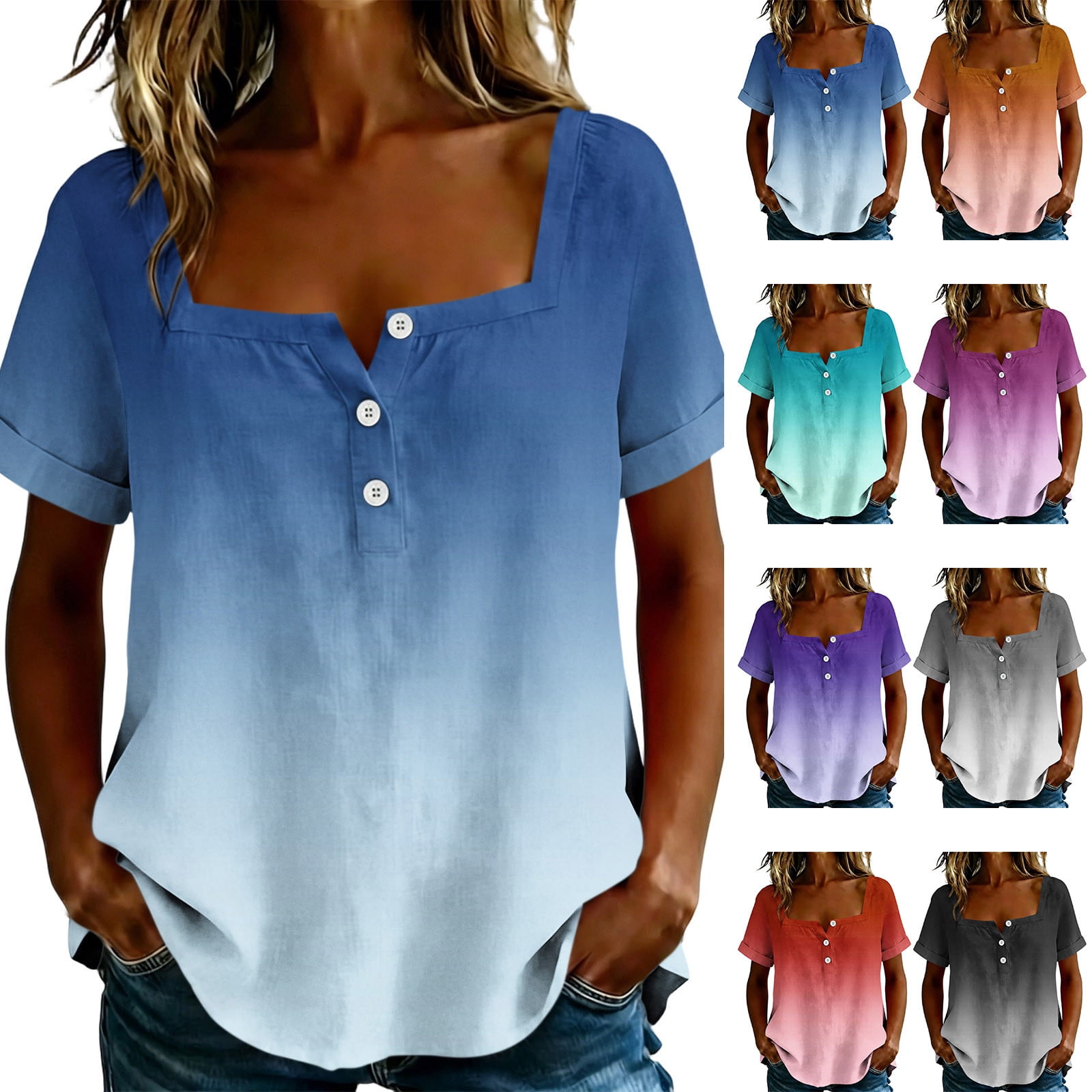 RongHuan Womens Trendy Summer Tops Gradient Square Neck Vacation ...