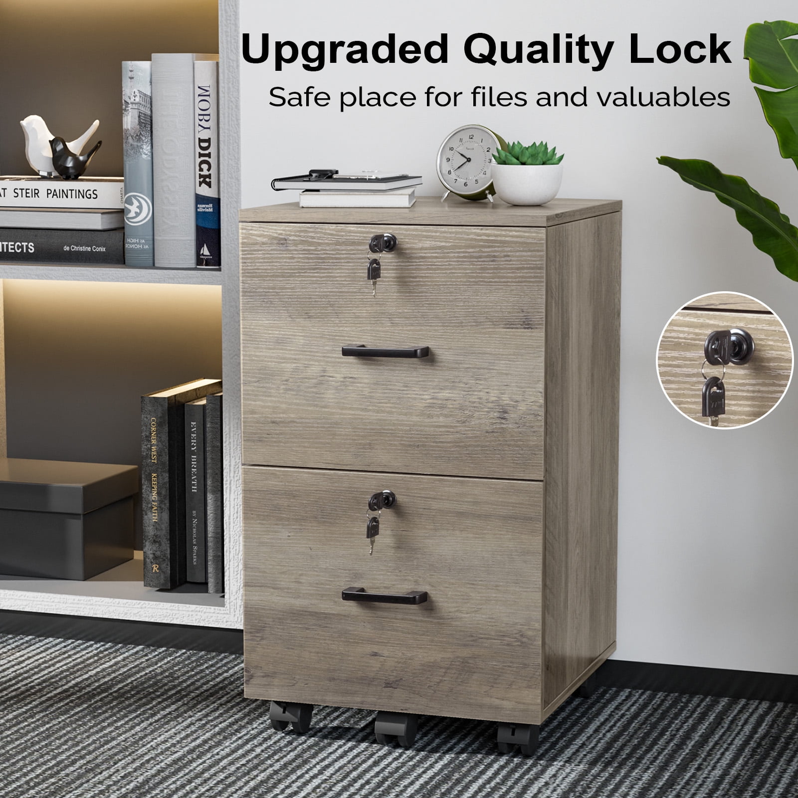 Rongfun 2-Drawer Small Rolling File Cabinet with Lock, Wood Filing ...