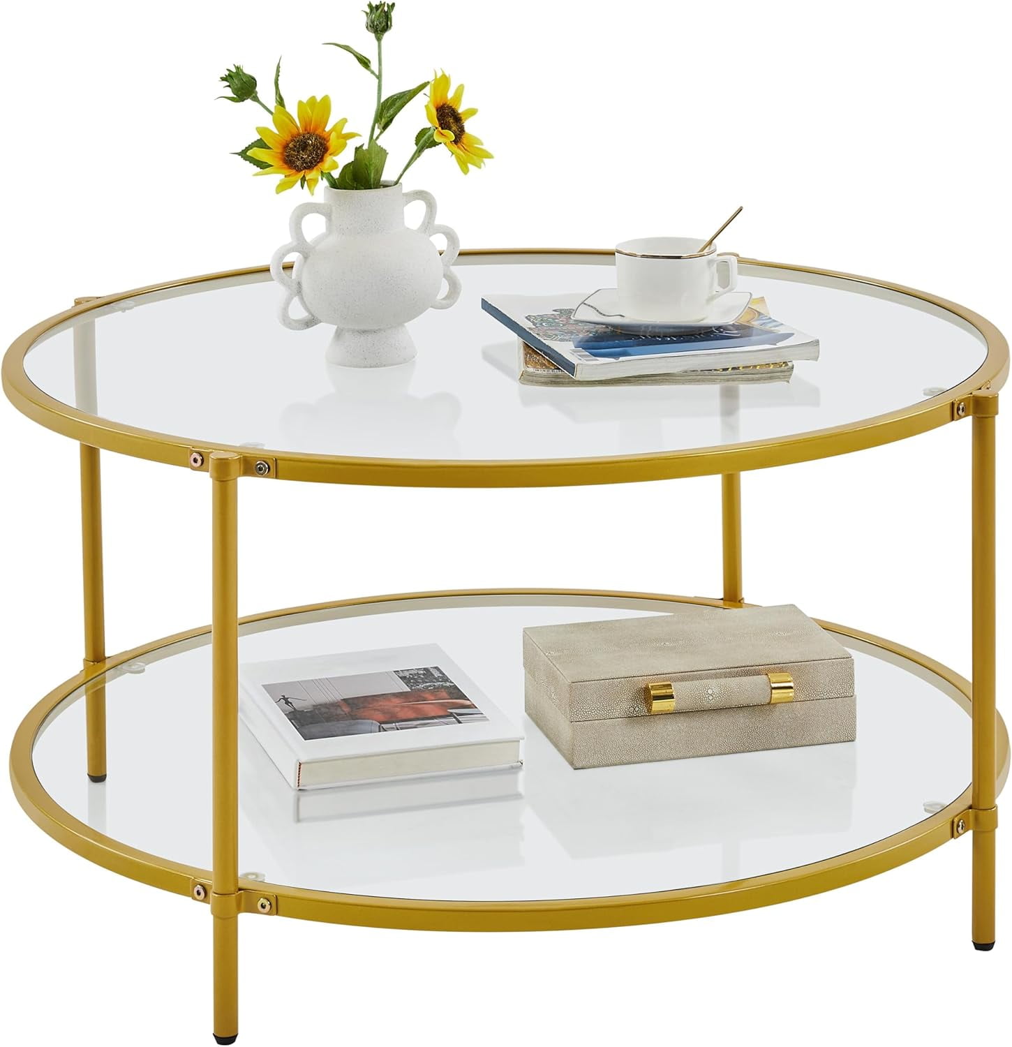 Rongfun 36" Round Coffee Table, Glass Coffee Table with Storage Shelf ...