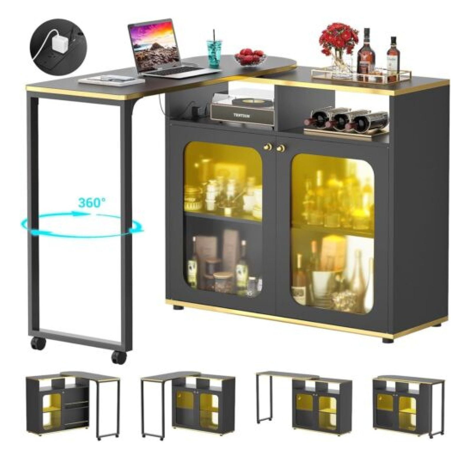 Rongfun 360° Rotating Kitchen Table Wine Bar Cabinet Buffet Cabinet ...