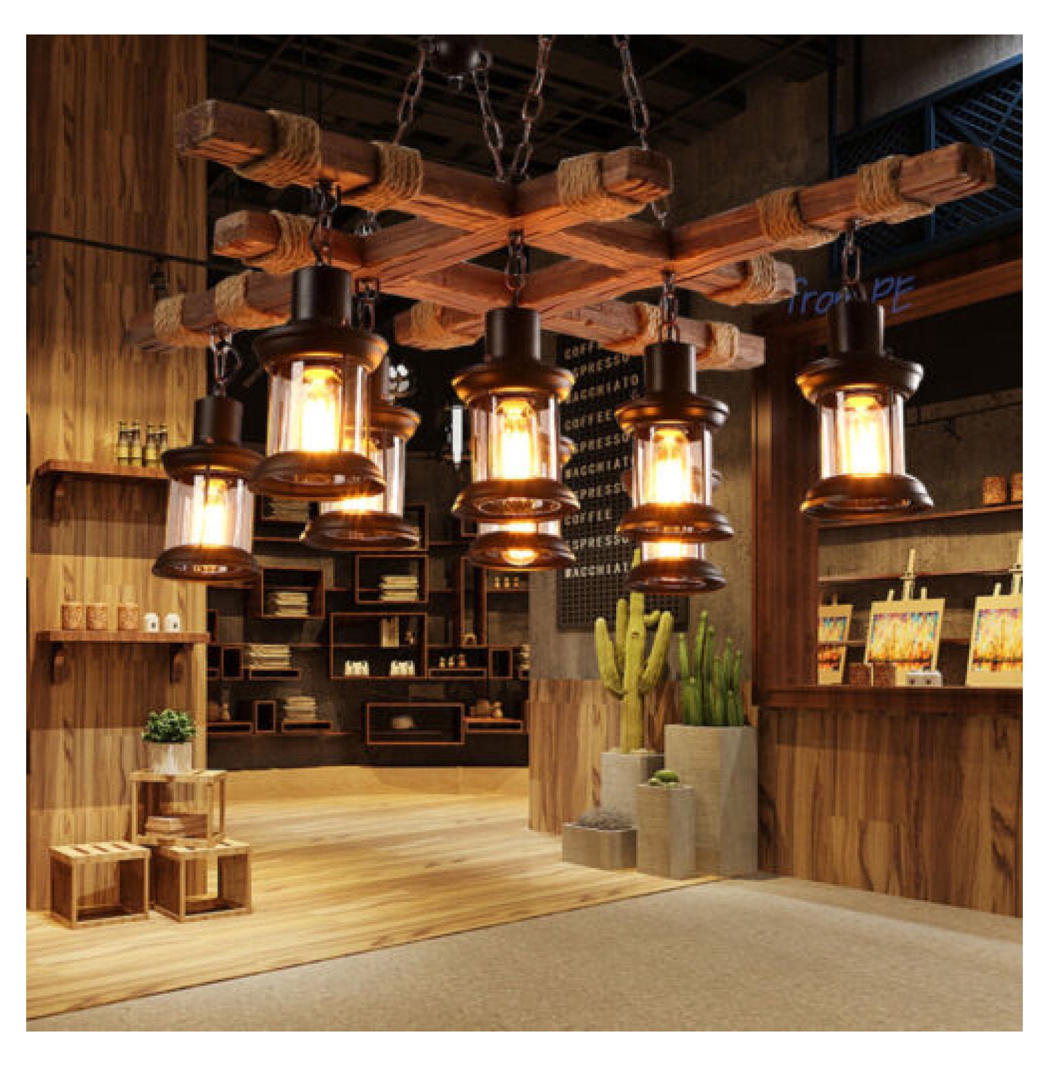 Rongfun 8 Lights Rustic Country Chandelier Wood Pendant Lamp Industrial ...