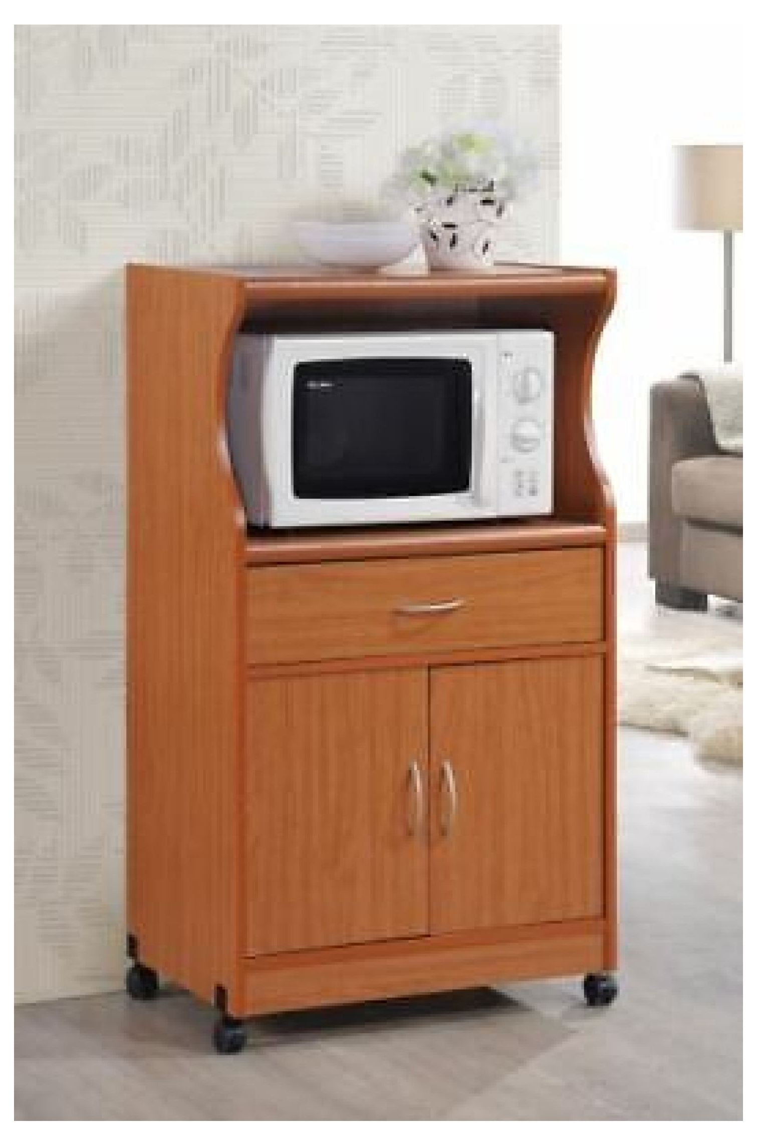 Rongfun Cherry Finish Wooden Microwave Cart Rolling Kitchen Storage ...