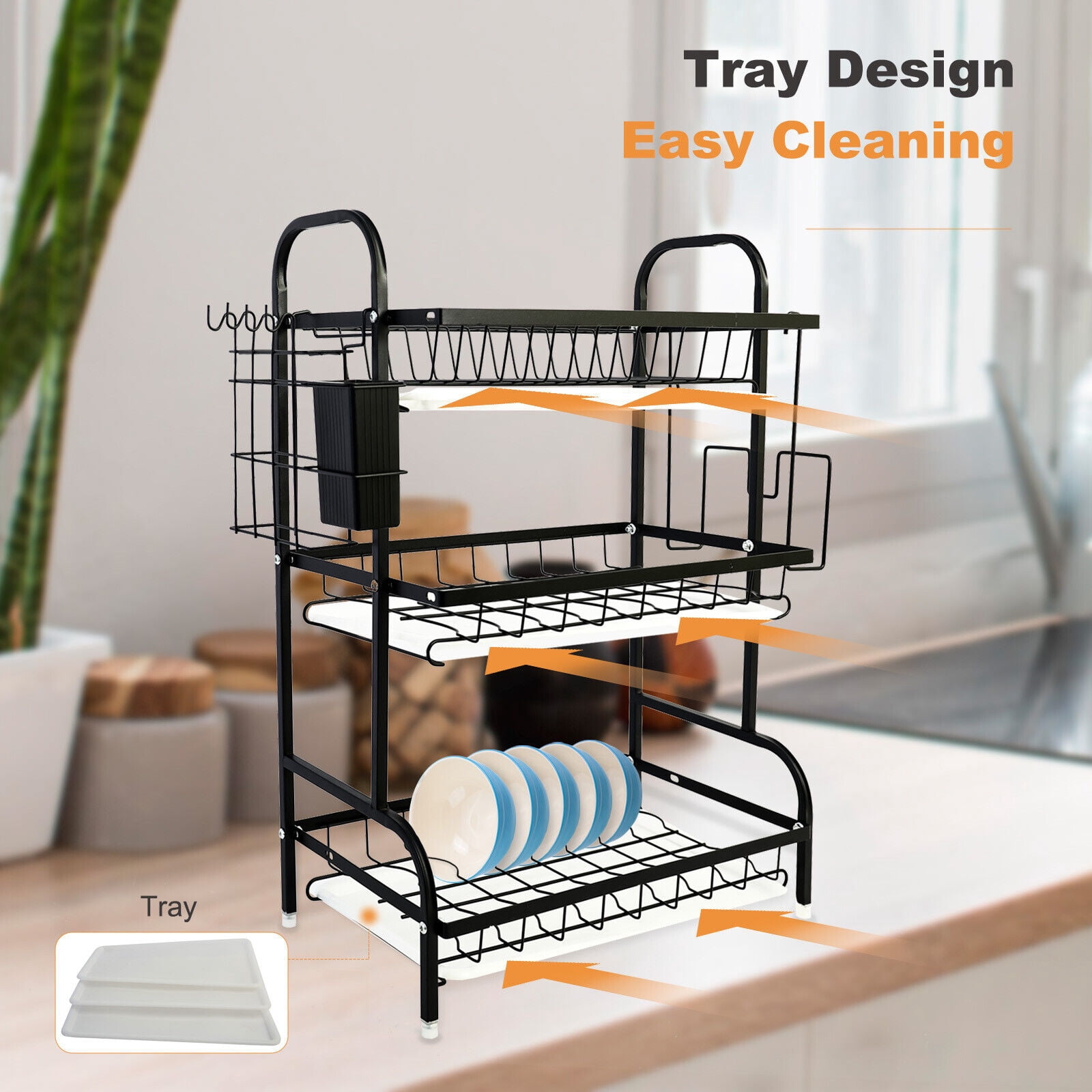 Rongfun Dish Drying Rack, 3 Tier Dish Rack with Tray Utensil Holder ...