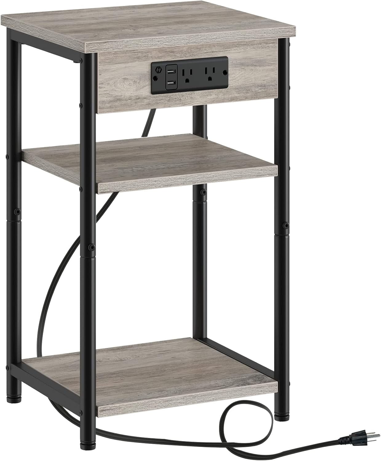 Rongfun End Table with Charging Station, Night Stand with 3 Storage ...