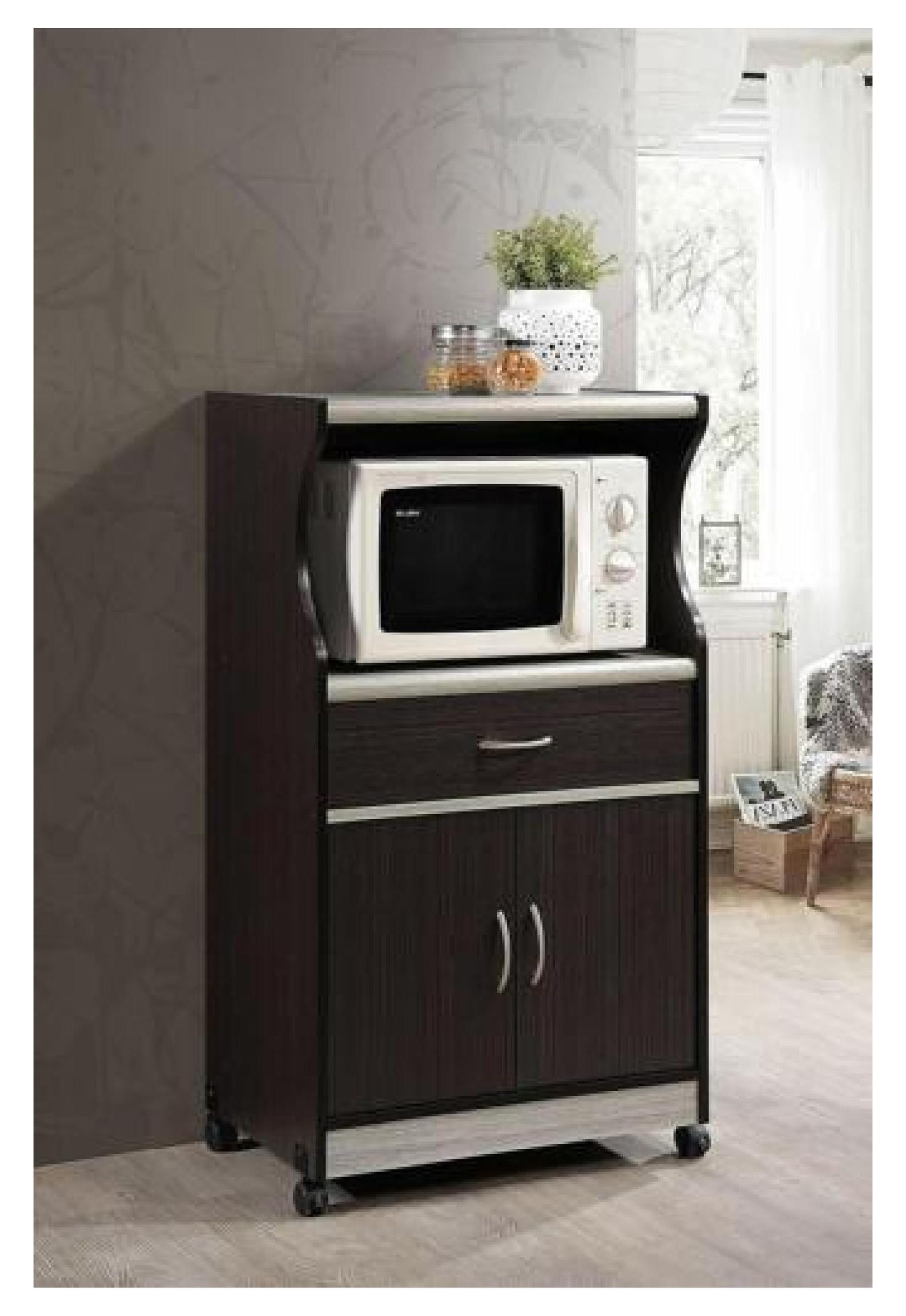 Rongfun Espresso Gray Wood Microwave Cart Rolling Kitchen Storage ...
