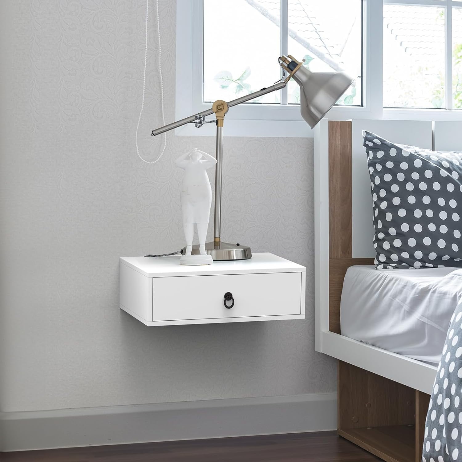 Rongfun Floating Nightstand with Drawer, Wood Floating Bedside Table ...