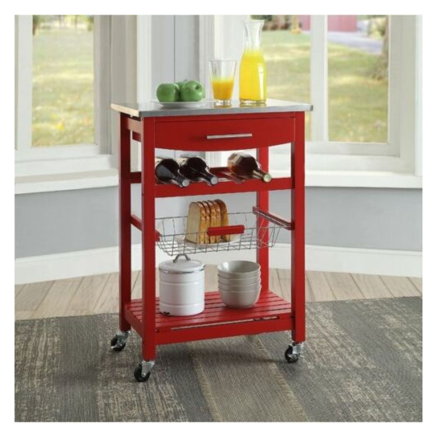 Rongfun Red Wooden Stainless Top Kitchen Cart Island Rolling Storage ...