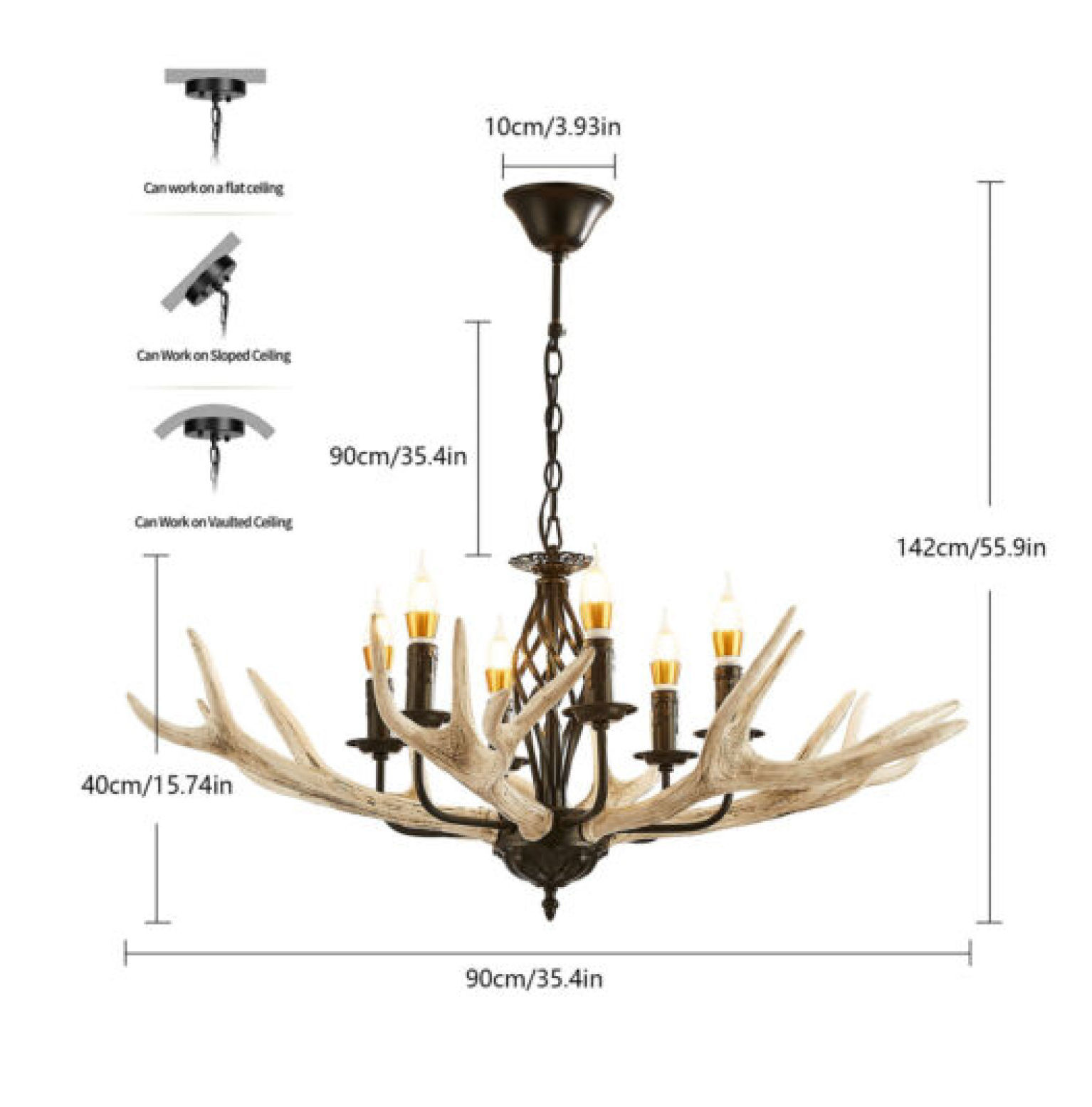Rongfun Rustic Pendant 6-Lights Deer Horn Antler Chandelier Light ...