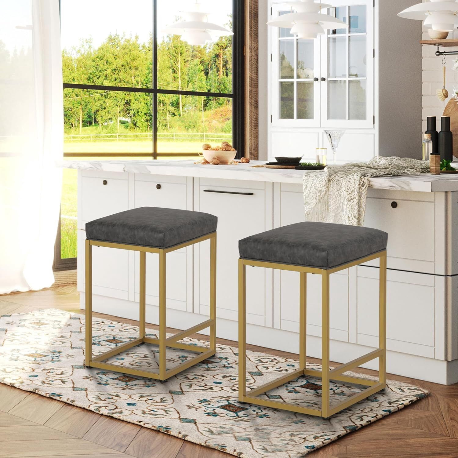 Rongfun Set of 2 Black 24 Inch Backless Counter Bar Stools PU Leather ...