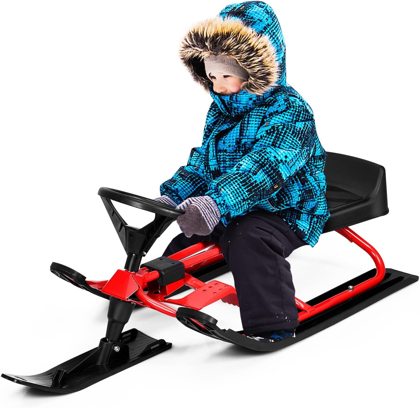 Rongfun Snow Racer Sled, Ski Sled Slider with Steering Wheel, Twin ...