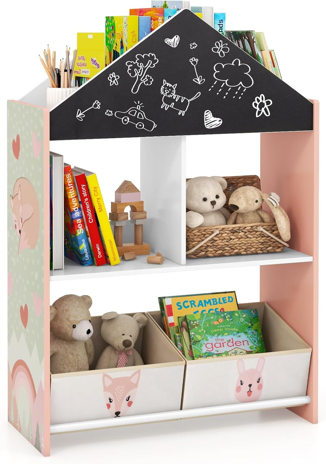 Rongfun Toy Storage Organizer, Wooden Dollhouse Bookcase w/Blackboard ...