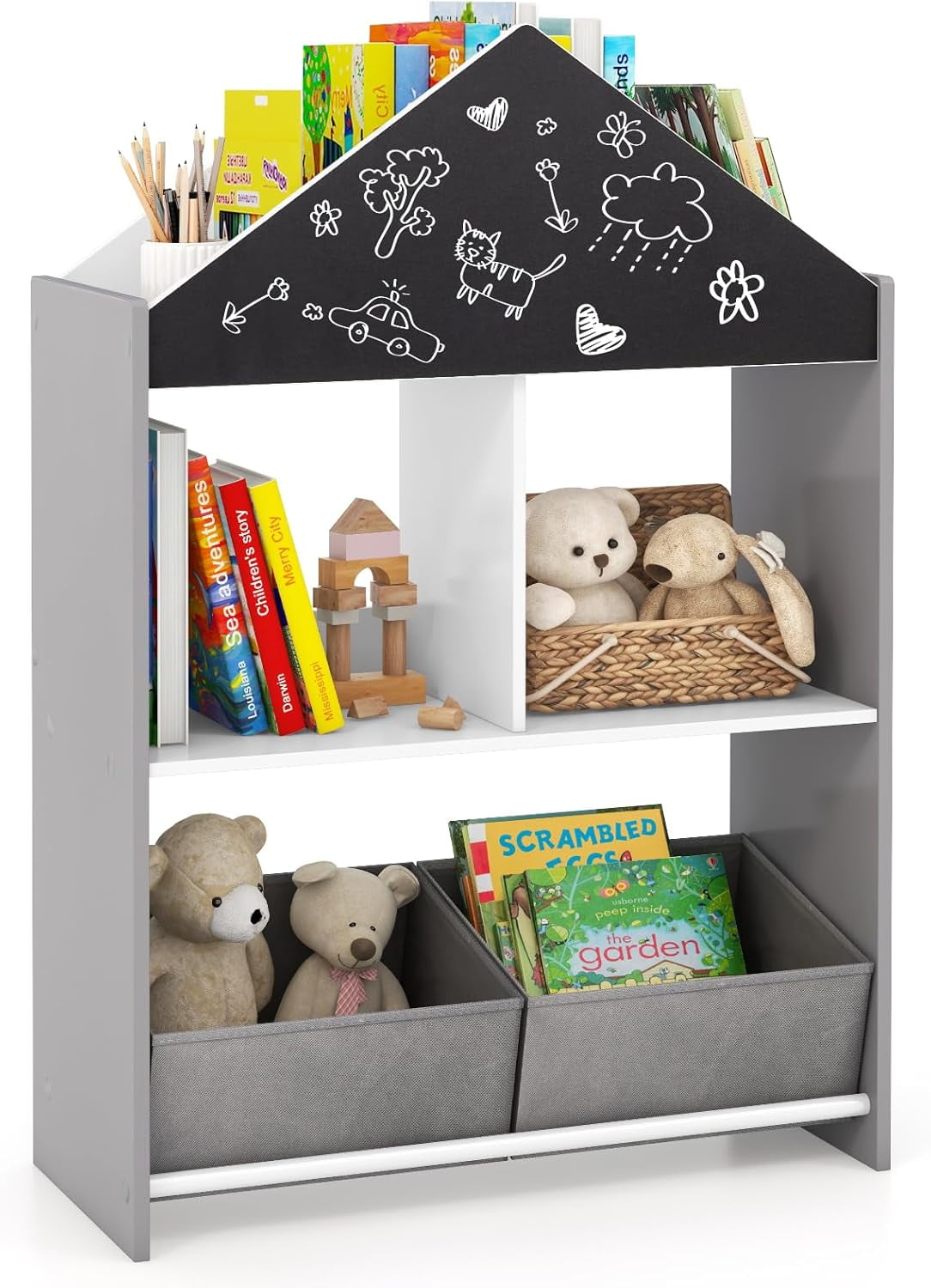 Rongfun Toy Storage Organizer, Wooden Dollhouse Bookcase w/Blackboard ...