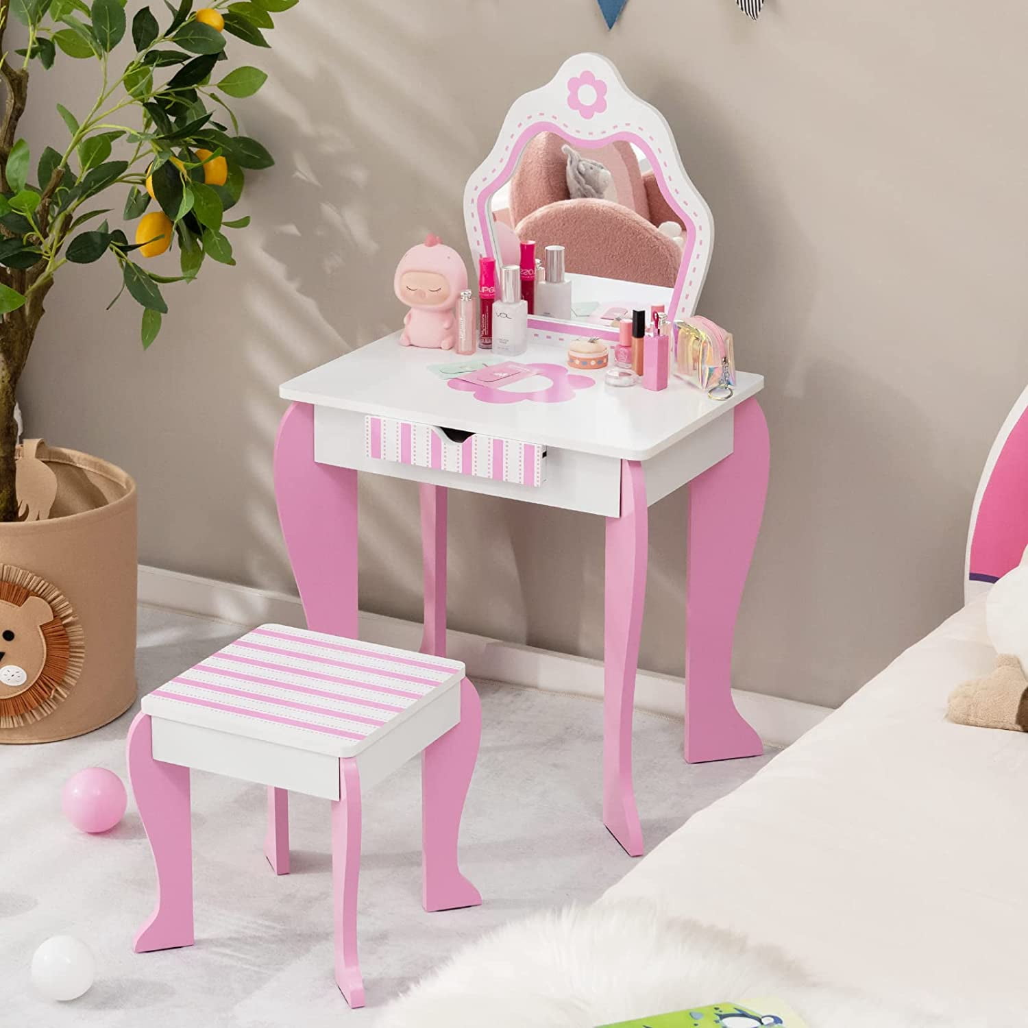 Rongfun Unicorn Kids Vanity, Toddler Makeup Table with Mirror and Stool ...