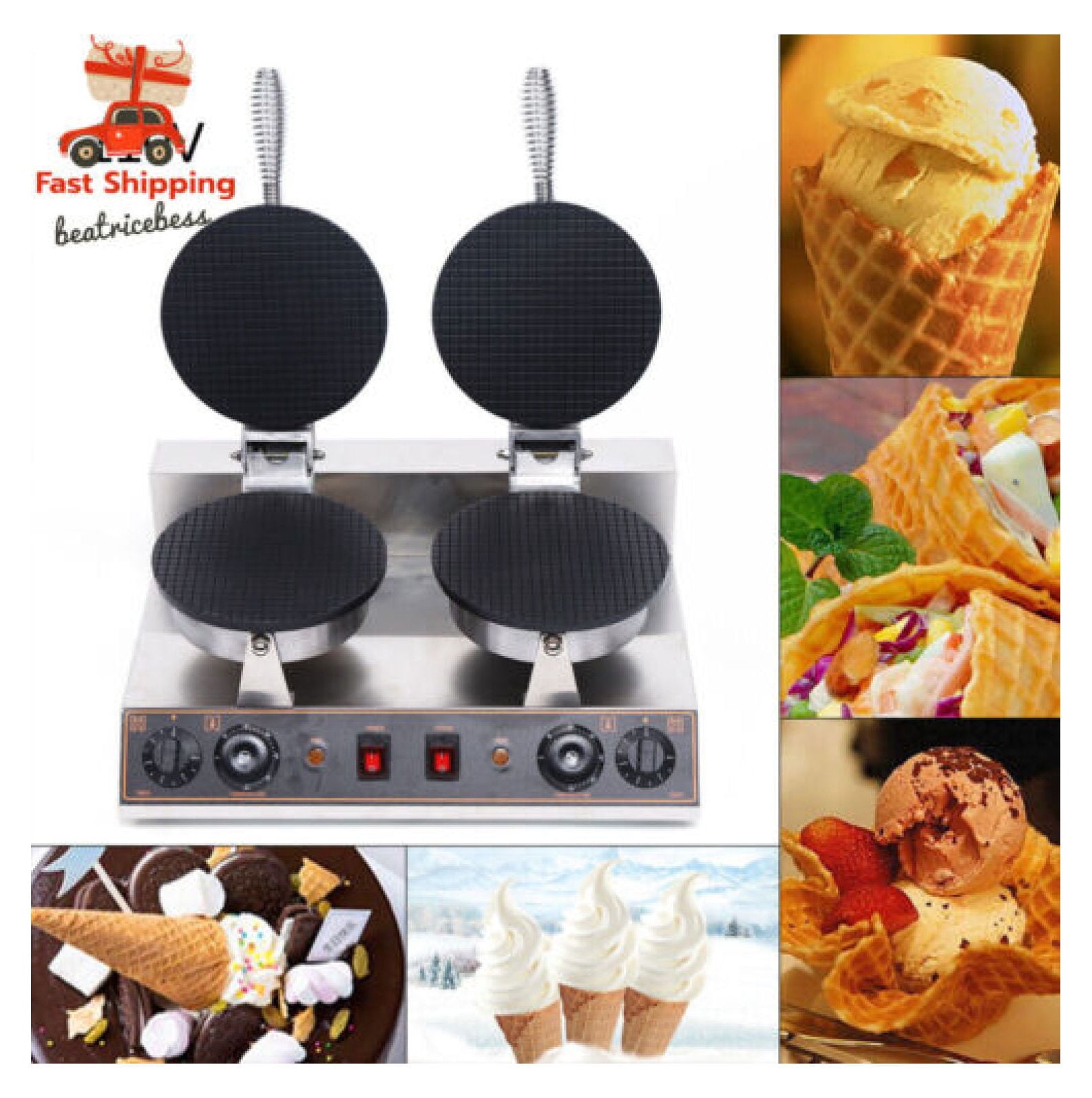 Rongfun Waffle Cone Maker Nonstick Ice Cream Cone Electric Double Egg ...