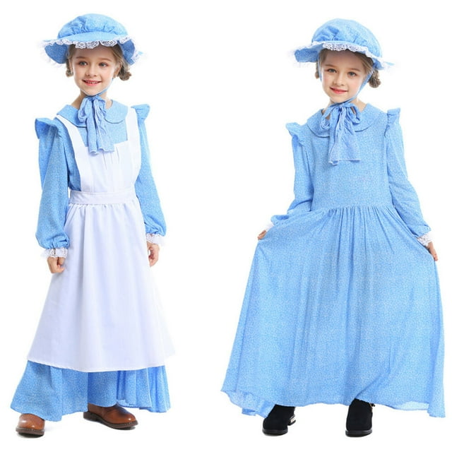 Rongking Pioneer Girl Costume Blue Dress Halloween Colonial Prairie ...