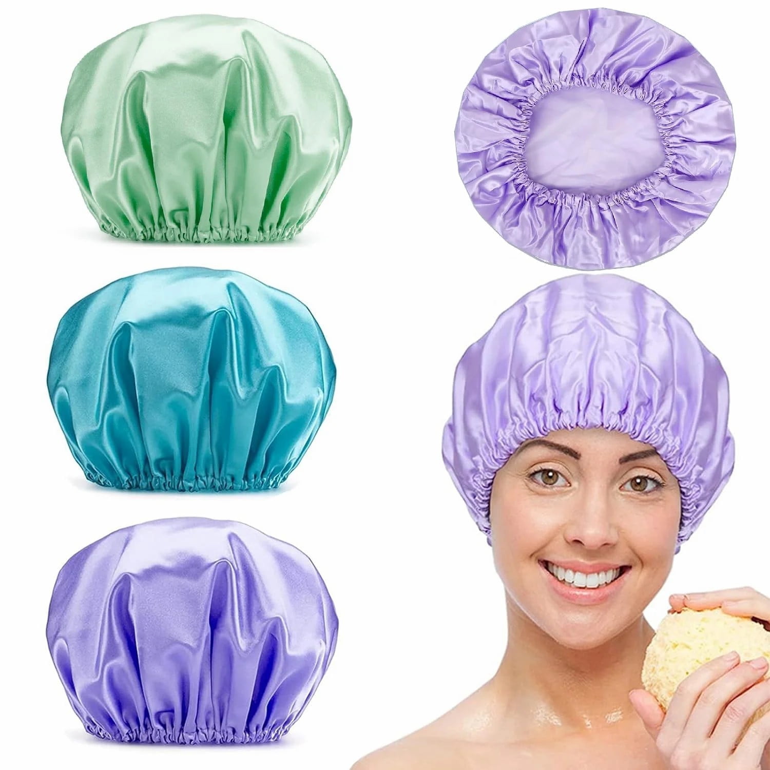 Rongsi Shower Caps for Women Reusable Waterproof, 3 Pack Women Shower Caps Reusable EVA Hair Cap ...