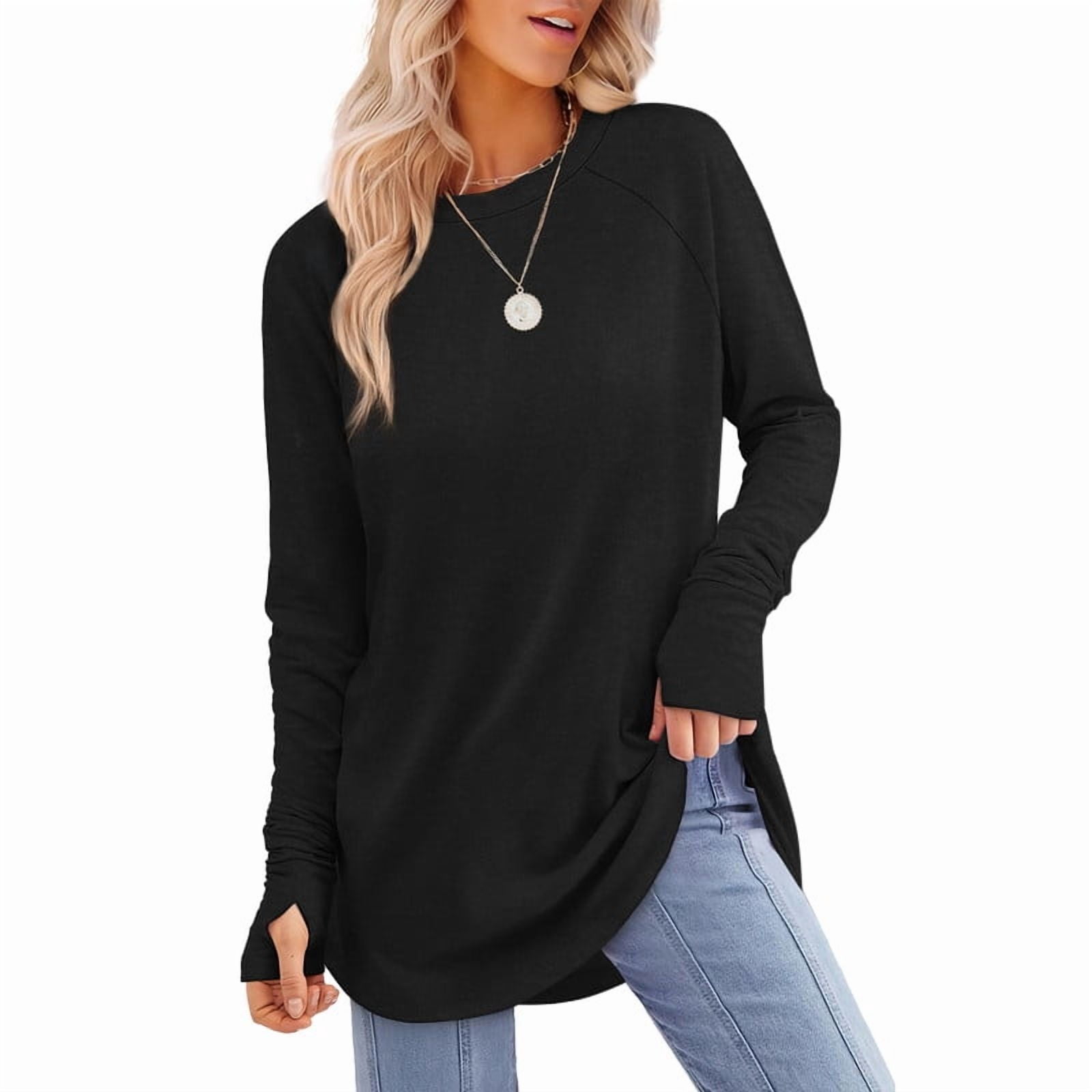 Ronuti Long Sleeve Shirts for Women Crewneck Basic Loose Tunic Tops ...