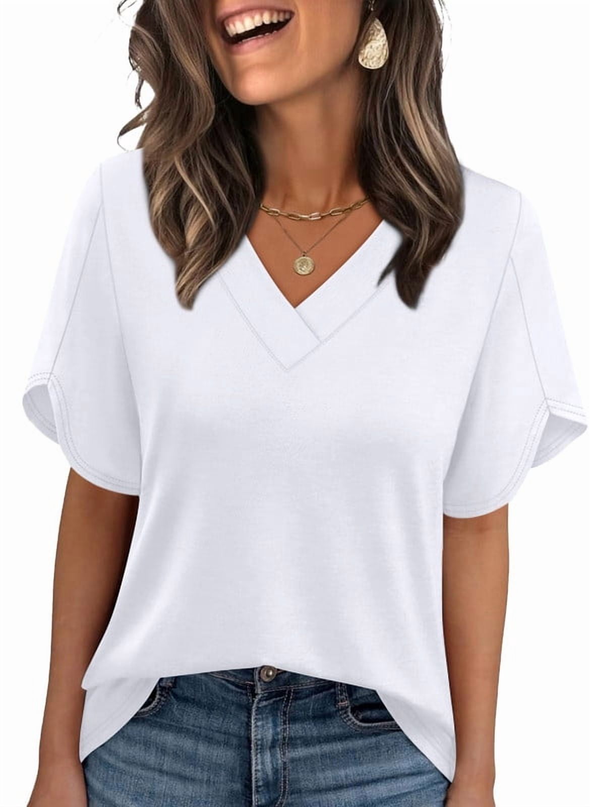 Ronuti Womens Summer Tops Short Petal Sleeve Shirts Fashion V Neck ...