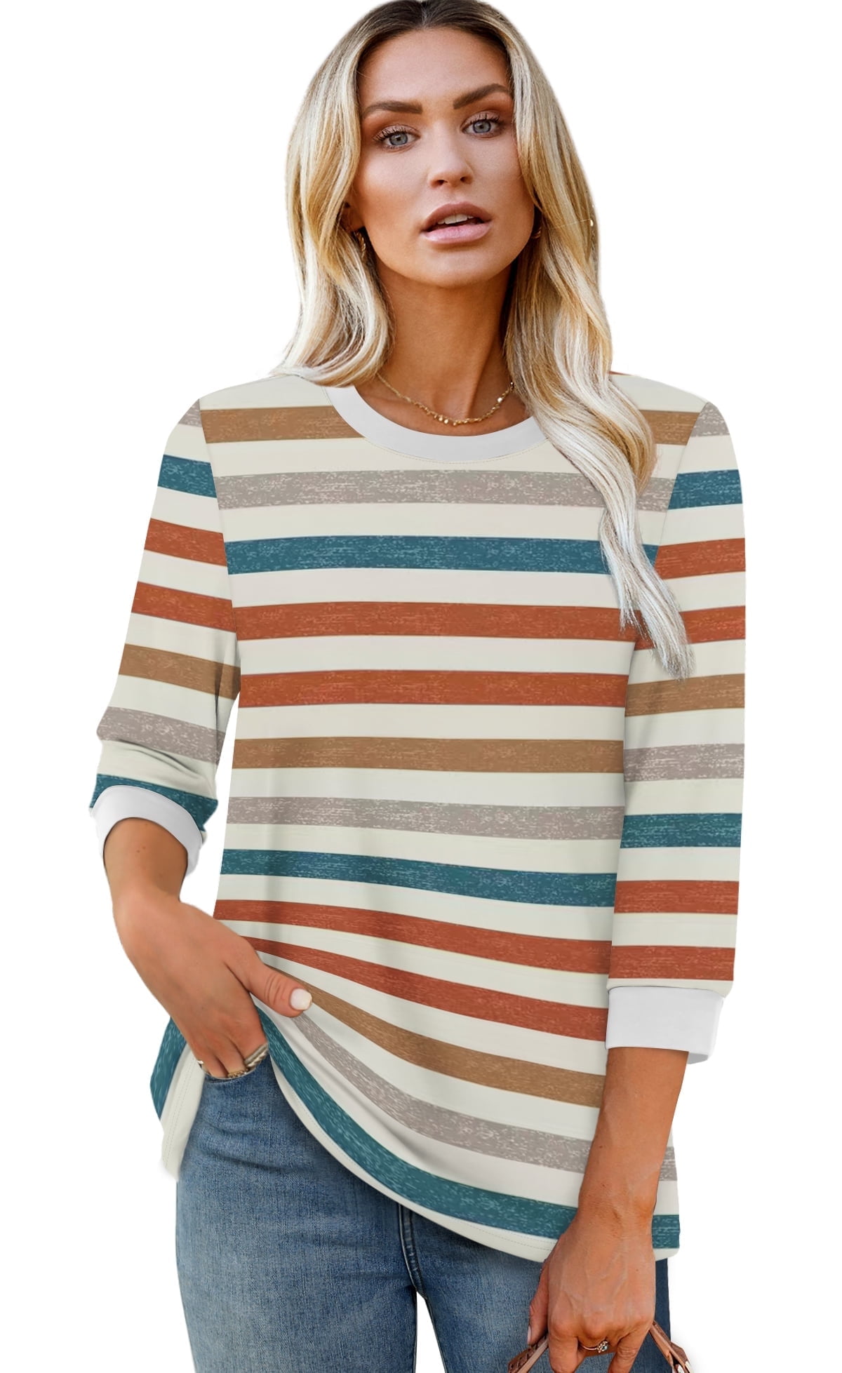 Ronuti Womens T Shirts 3/4 Length Sleeve Womens Tops Dressy Casual Crew ...