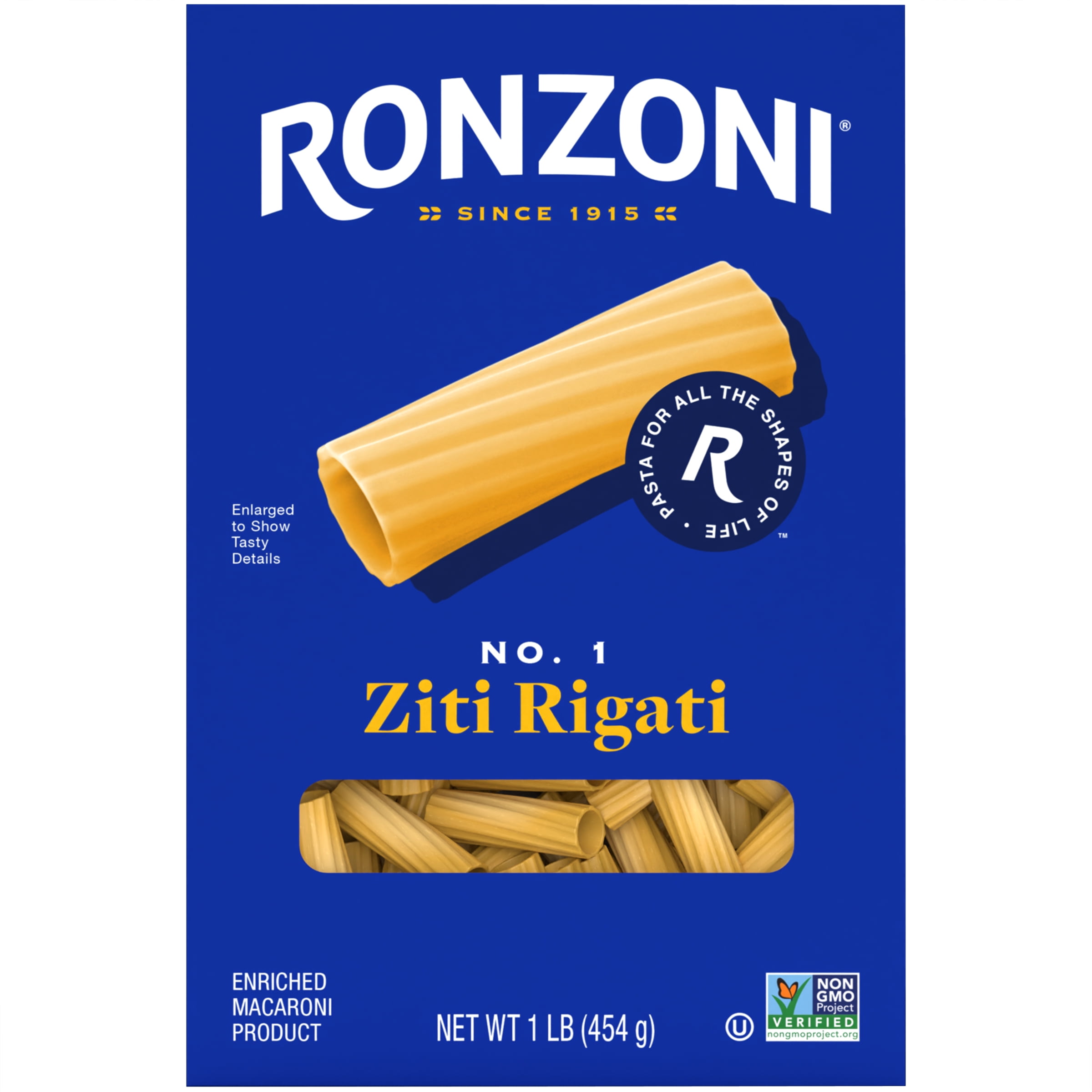 Ronzoni 16 oz Ziti Rigati Pasta, Ridged Tubular Shape, Non-GMO, Shelf ...