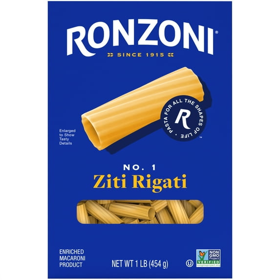 Ronzoni 16 oz Ziti Rigati Pasta, Ridged Tubular Shape, Non-GMO, Shelf ...