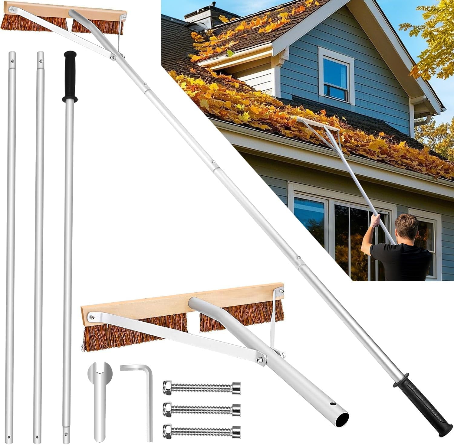 Leaf Roof Brush and Roof Rake, 21 Ft Adjustable Length Roof Cleaning ...